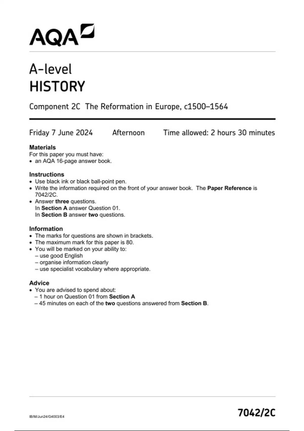 AQA A-level HISTORY Component 2C JUNE 2024 QUESTION PAPER: The ...