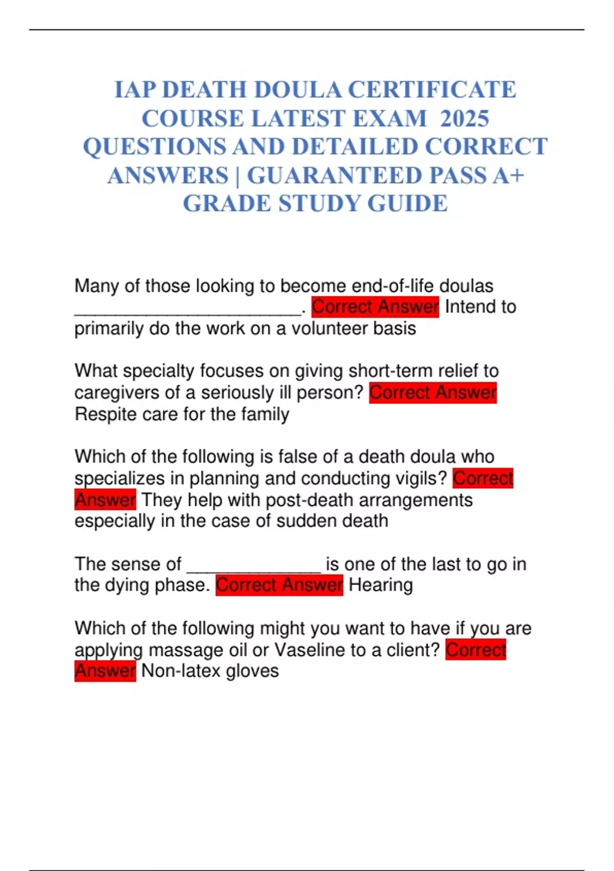 IAP DEATH DOULA CERTIFICATE COURSE LATEST EXAM 2025 QUESTIONS AND ...