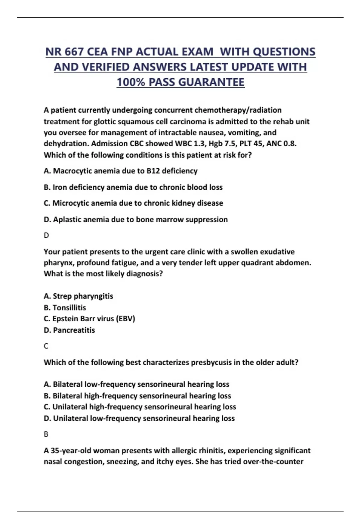 NR 667 CEA FNP ACTUAL EXAM WITH QUESTIONS AND VERIFIED ANSWERS LATEST ...