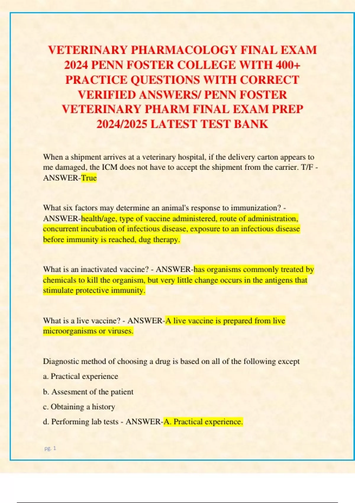 2025 VETERINARY PHARMACOLOGY FINAL EXAM WITH 400+ PRACTICE QUESTIONS WITH CORRECT VERIFIED ...
