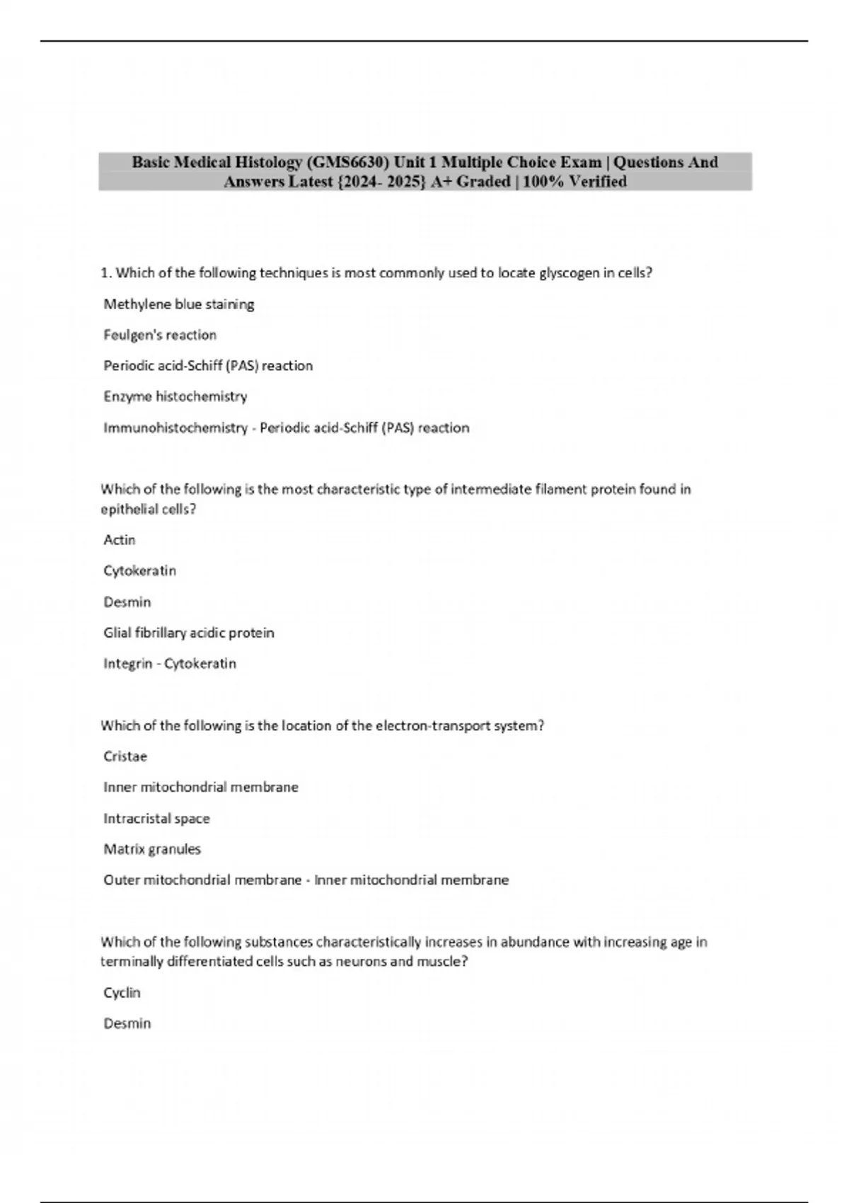 Basic Medical Histology (GMS6630) Unit 1 Multiple Choice Exam ...
