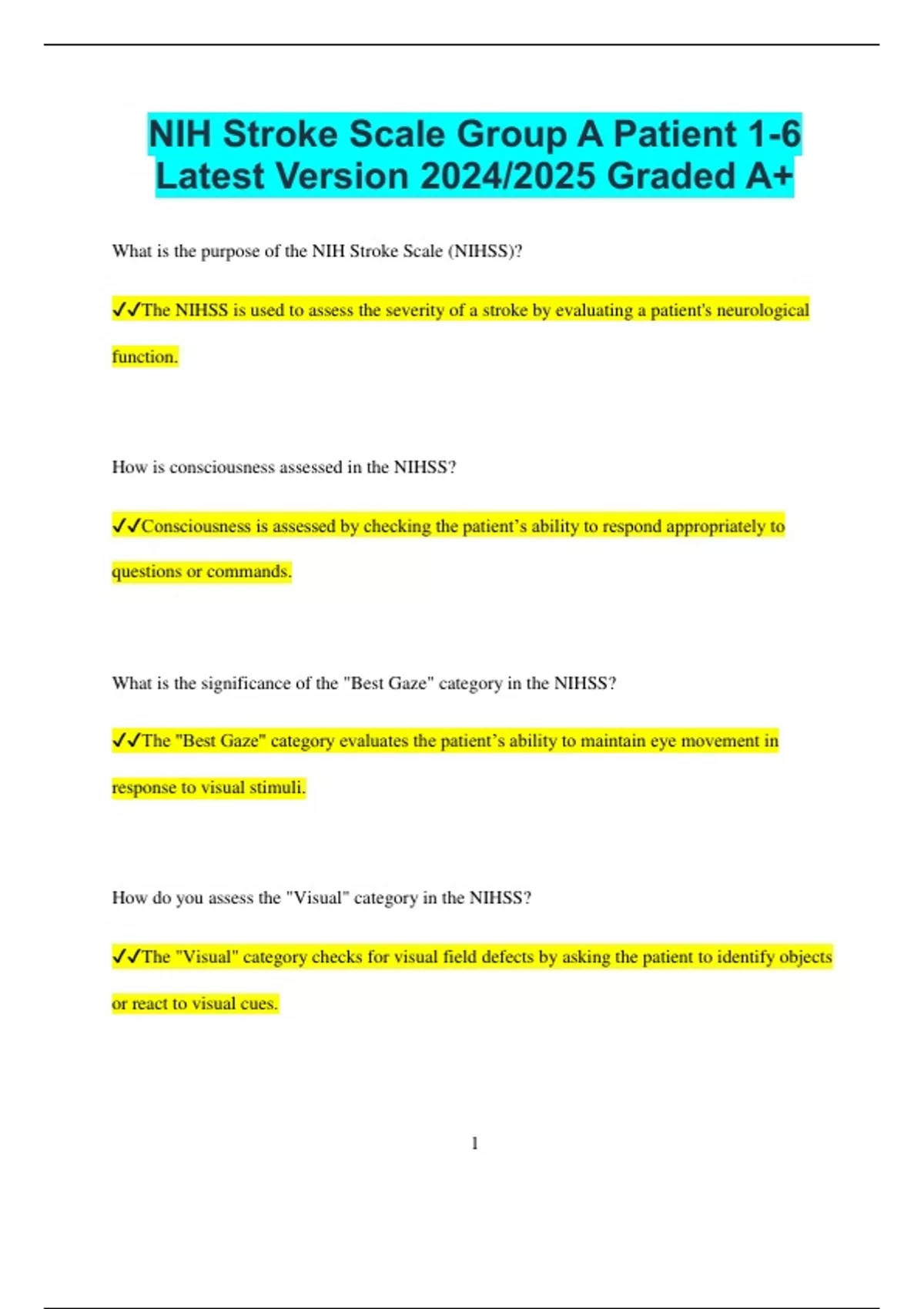 NIH Stroke Scale Group A Patient 1-6 Latest Version 2024/2025 Graded A+ ...
