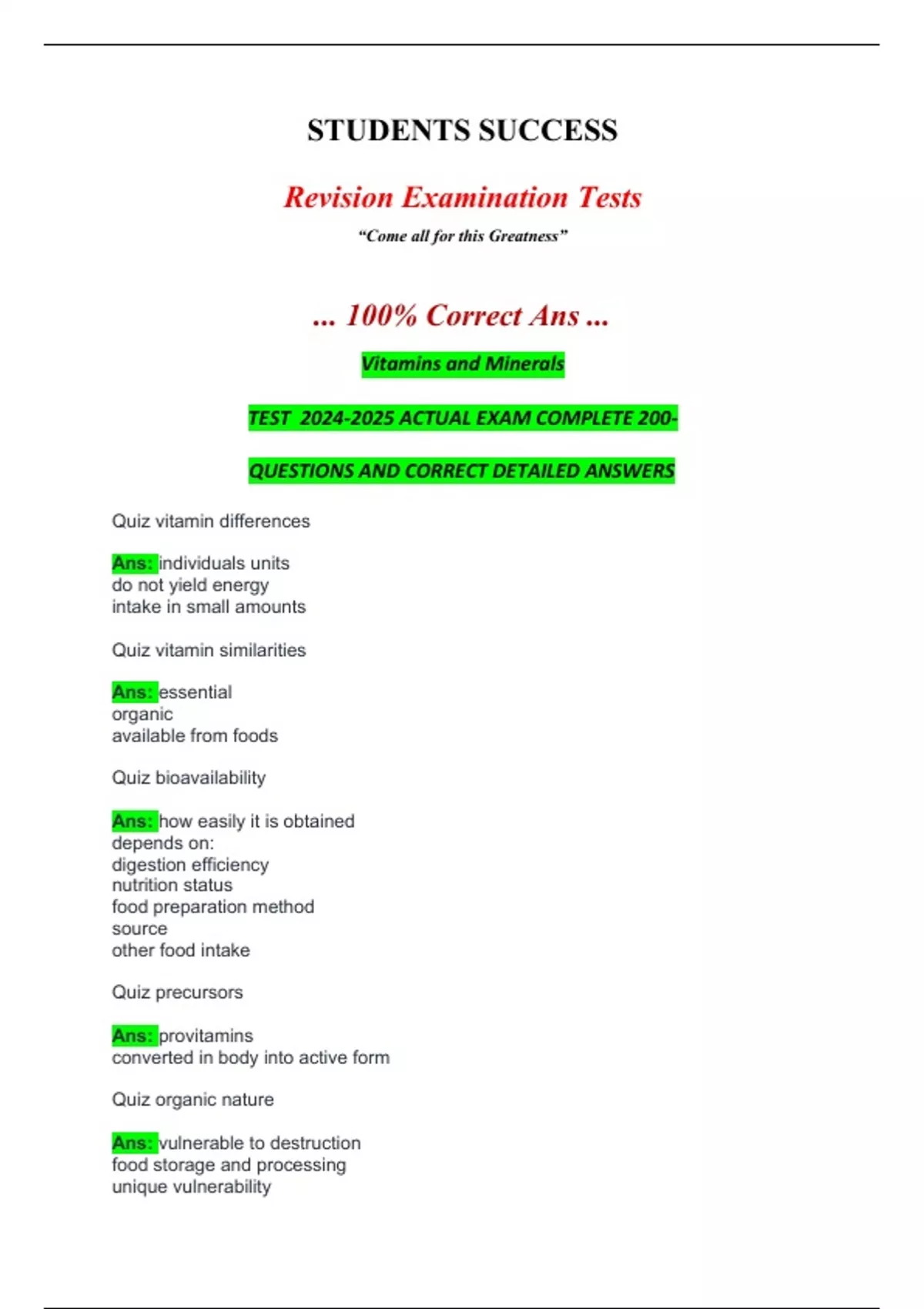 Vitamins and Minerals TEST ACTUAL EXAM COMPLETE 200- QUESTIONS AND ...