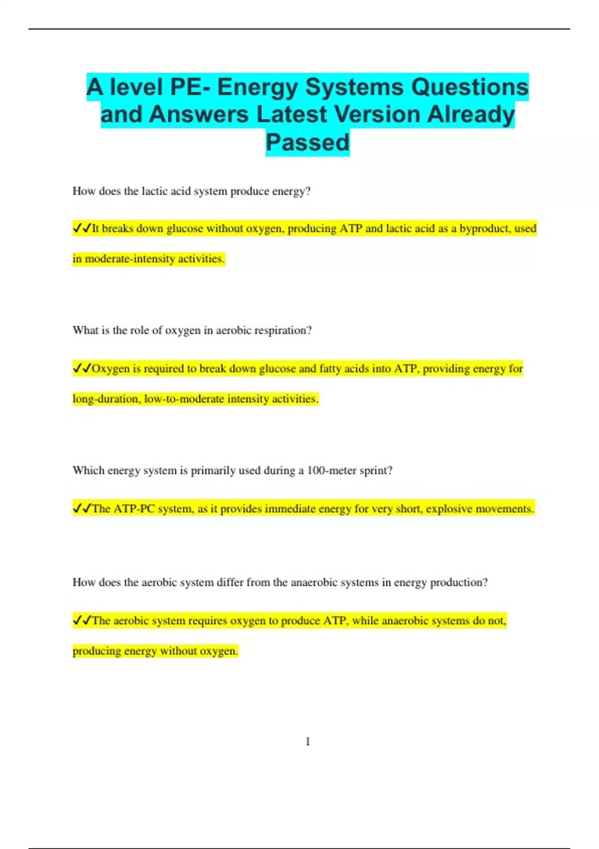 A level PE- Energy Systems Questions and Answers Latest Version Already ...