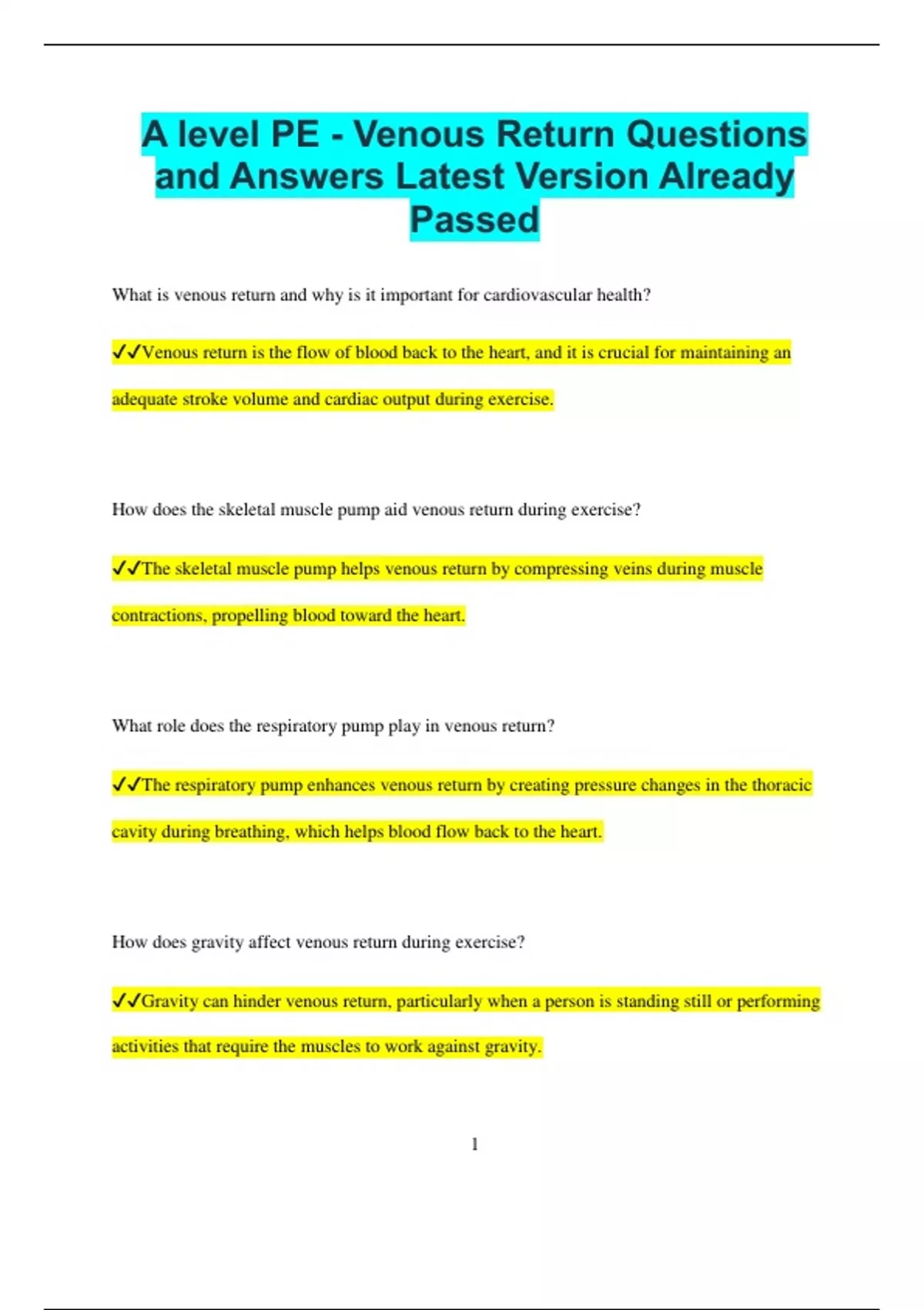 A level PE - Venous Return Questions and Answers Latest Version Already ...