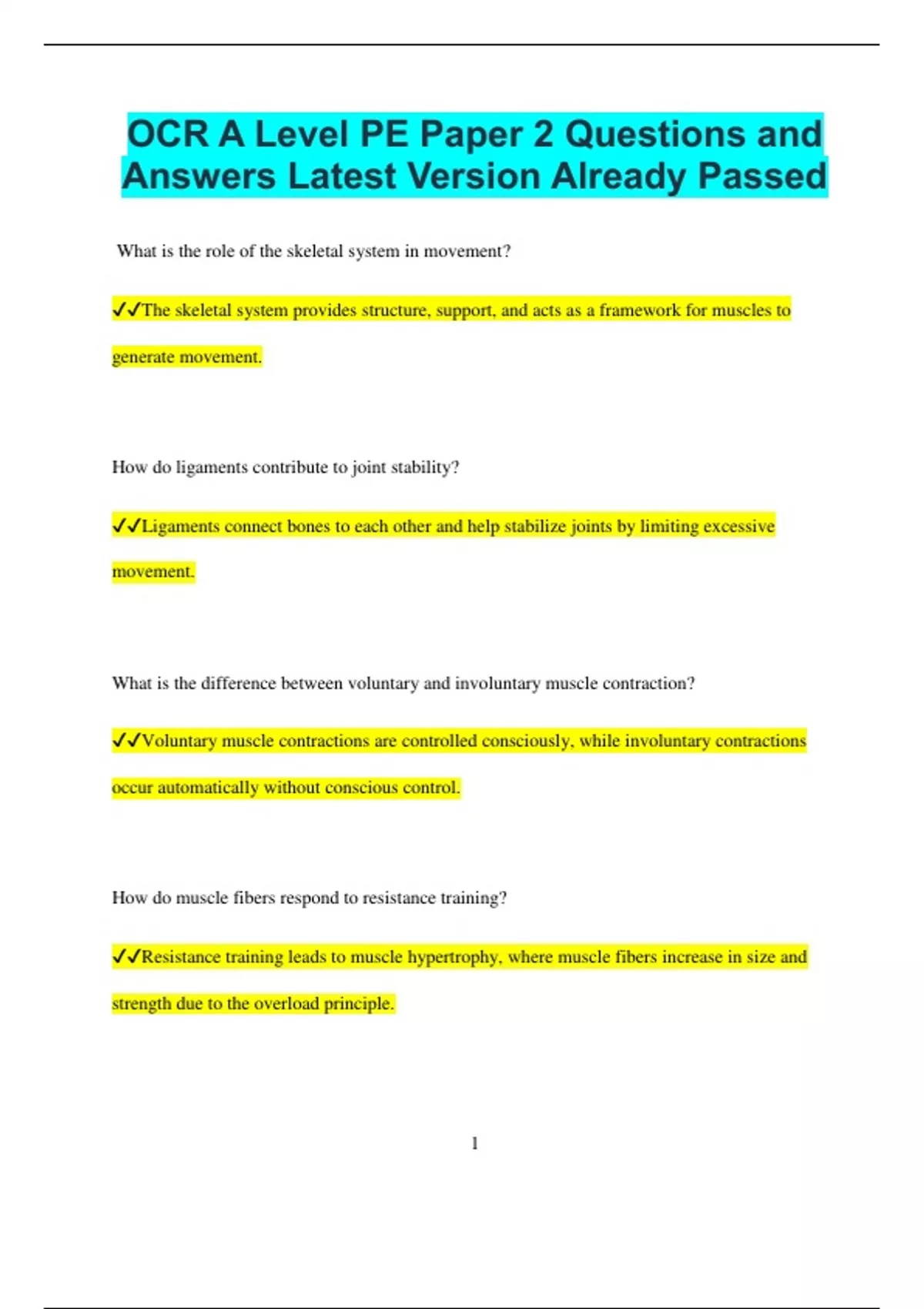 OCR A Level PE Paper 2 Questions and Answers Latest Version Already ...