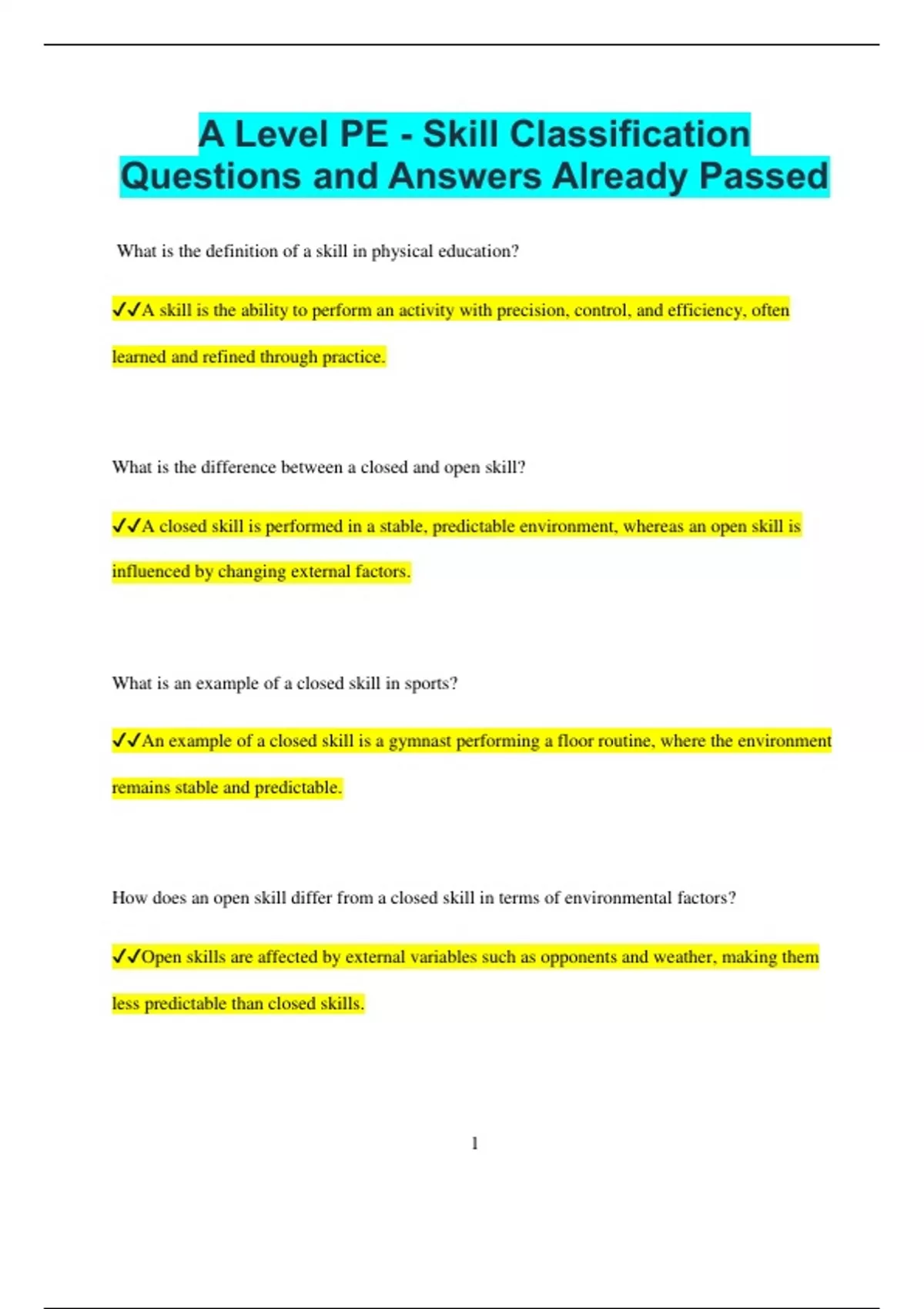 A Level PE - Skill Classification Questions and Answers Already Passed ...