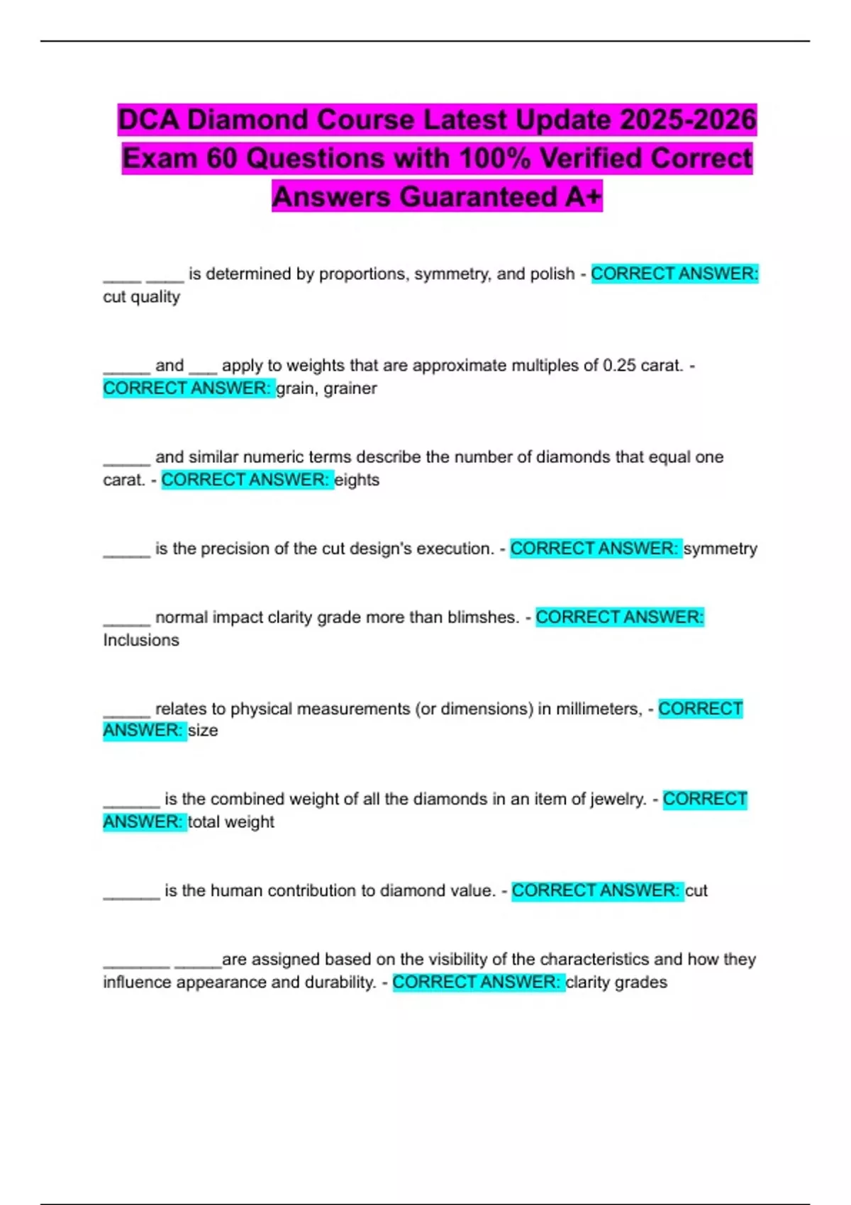 DCA Diamond Course Latest Update Exam 60 Questions with 100% Verified ...