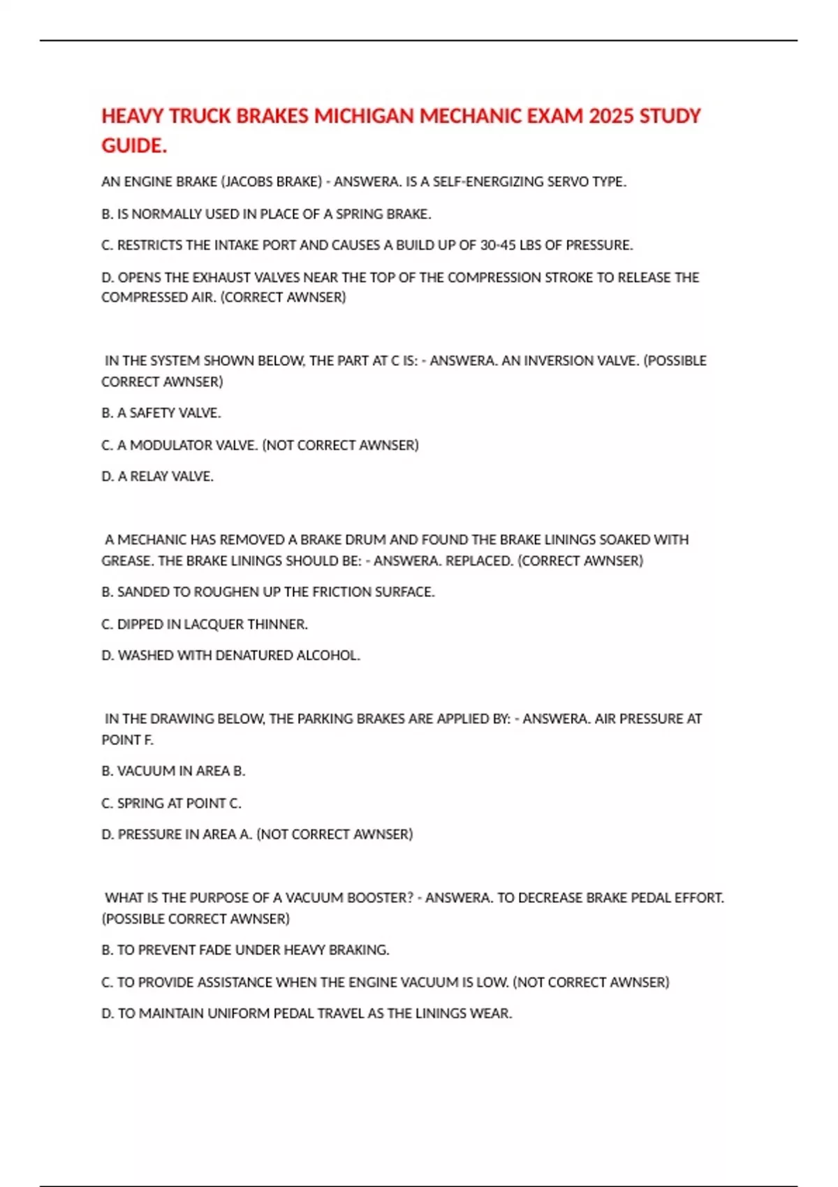 HEAVY TRUCK BRAKES MICHIGAN MECHANIC EXAM 2025 STUDY GUIDE - HEAVY ...