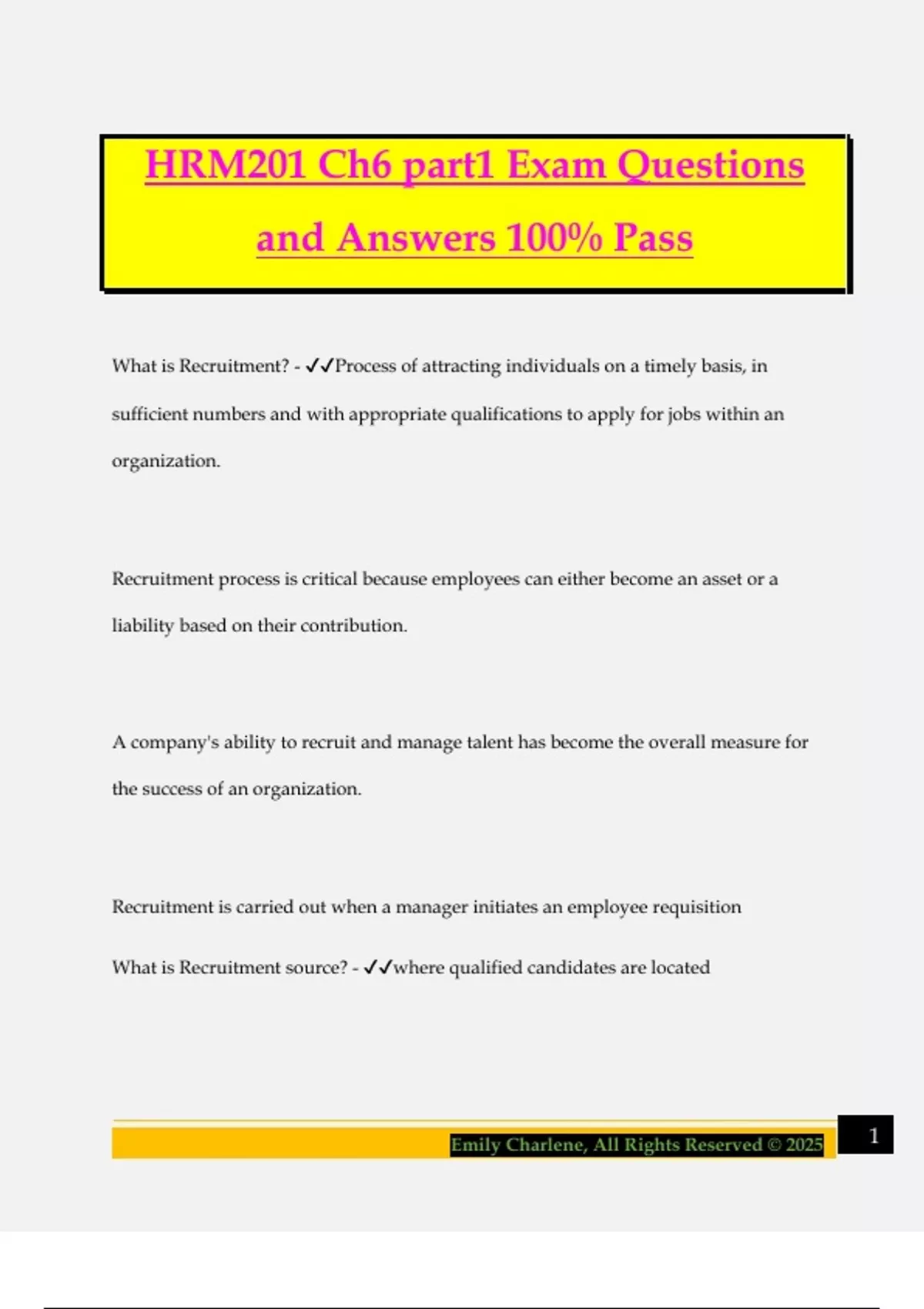 HRM201 Ch6 part1 Exam Questions and Answers 100% Pass - HRM 201 - Stuvia US