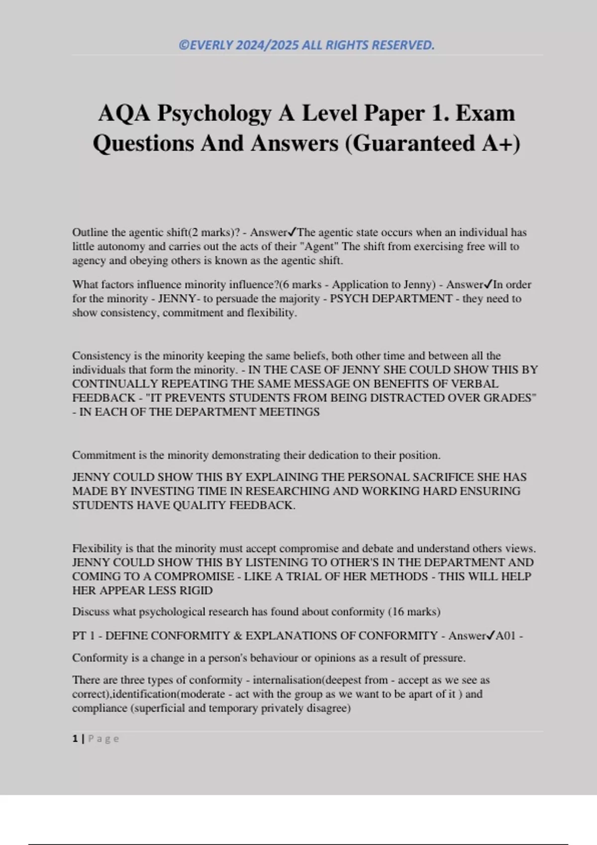 AQA Psychology A Level Paper 1. Exam Questions And Answers (Guaranteed ...