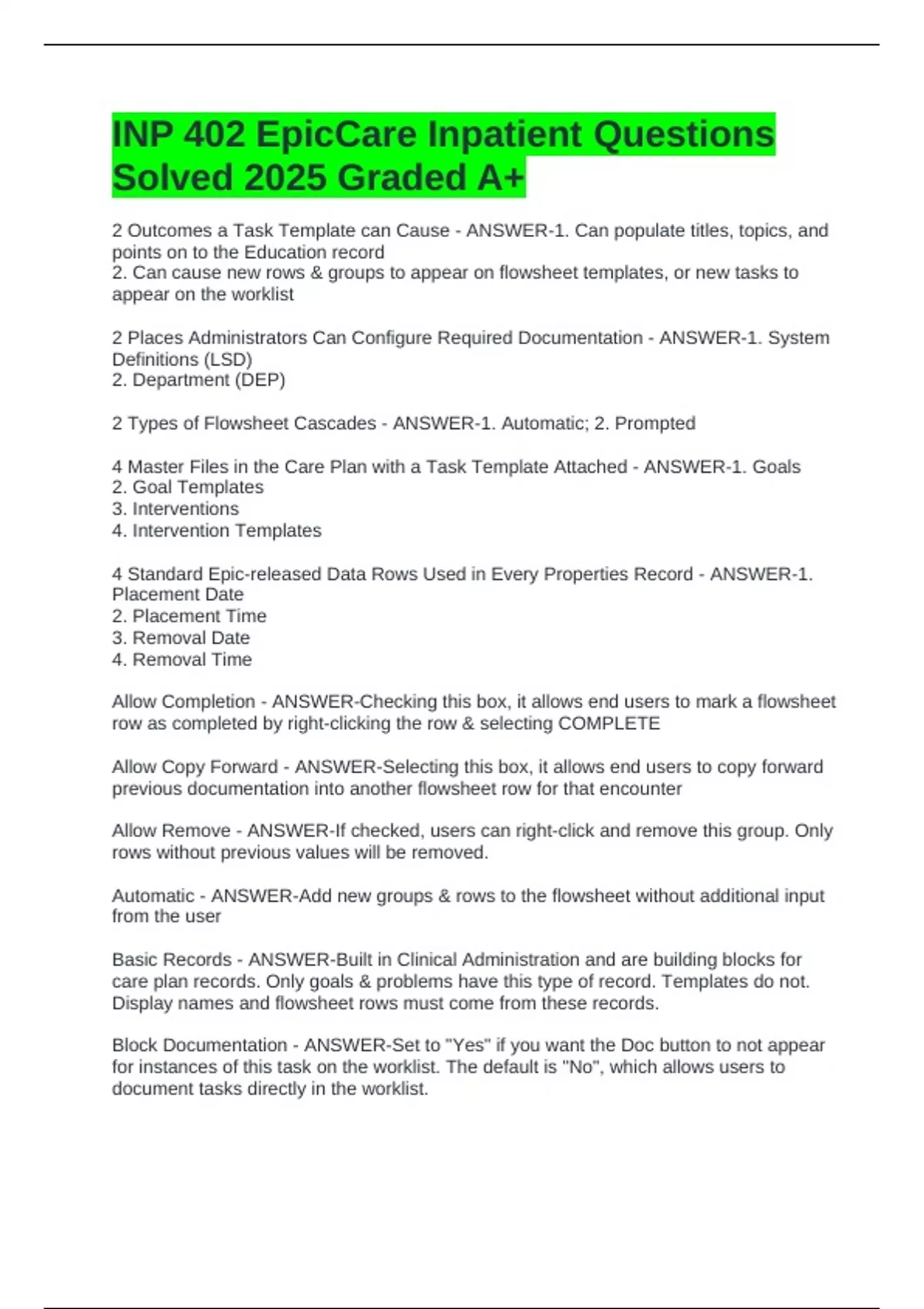 INP 402 EpicCare Inpatient Questions Solved 2025 Graded A+ - INP 402 ...