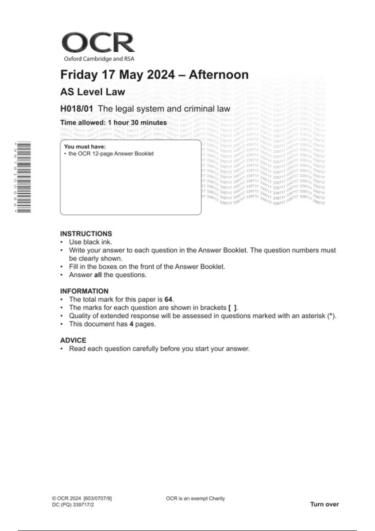 OCR AS Level Law H018/01 JUNE 2024 QUESTION PAPER AND MARK SCHEME ...