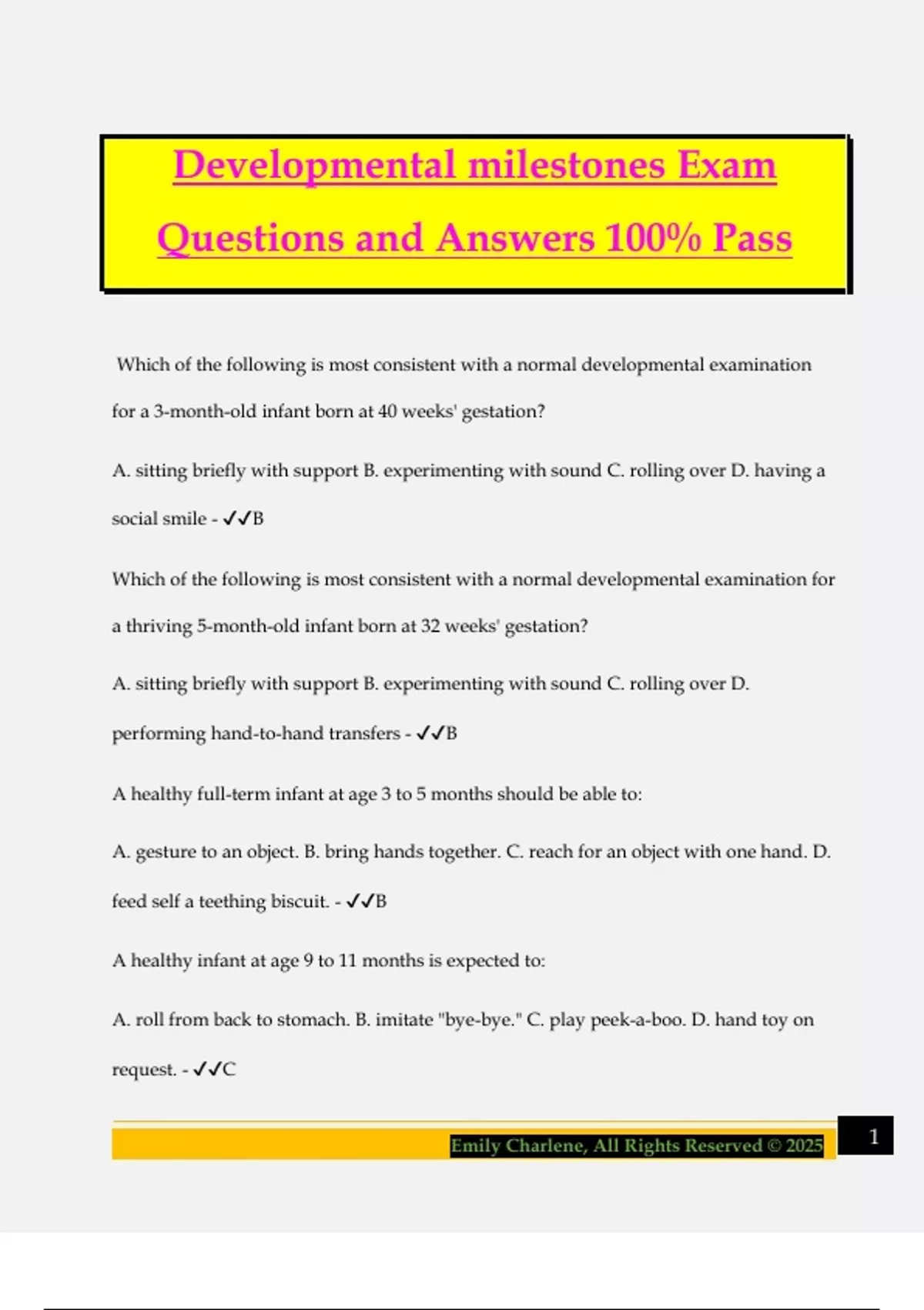 Developmental milestones Exam Questions and Answers 100% Pass ...