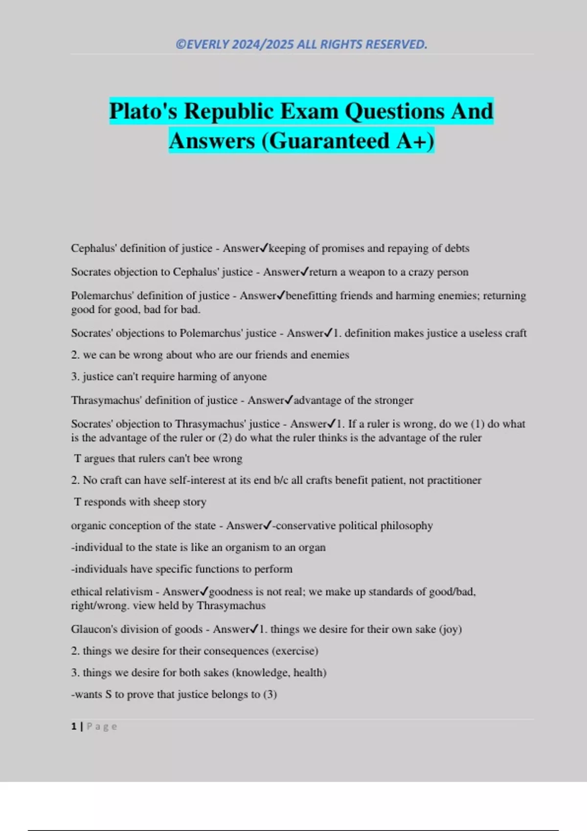 Plato's Republic Exam Questions And Answers (Guaranteed A+) - Plato ...