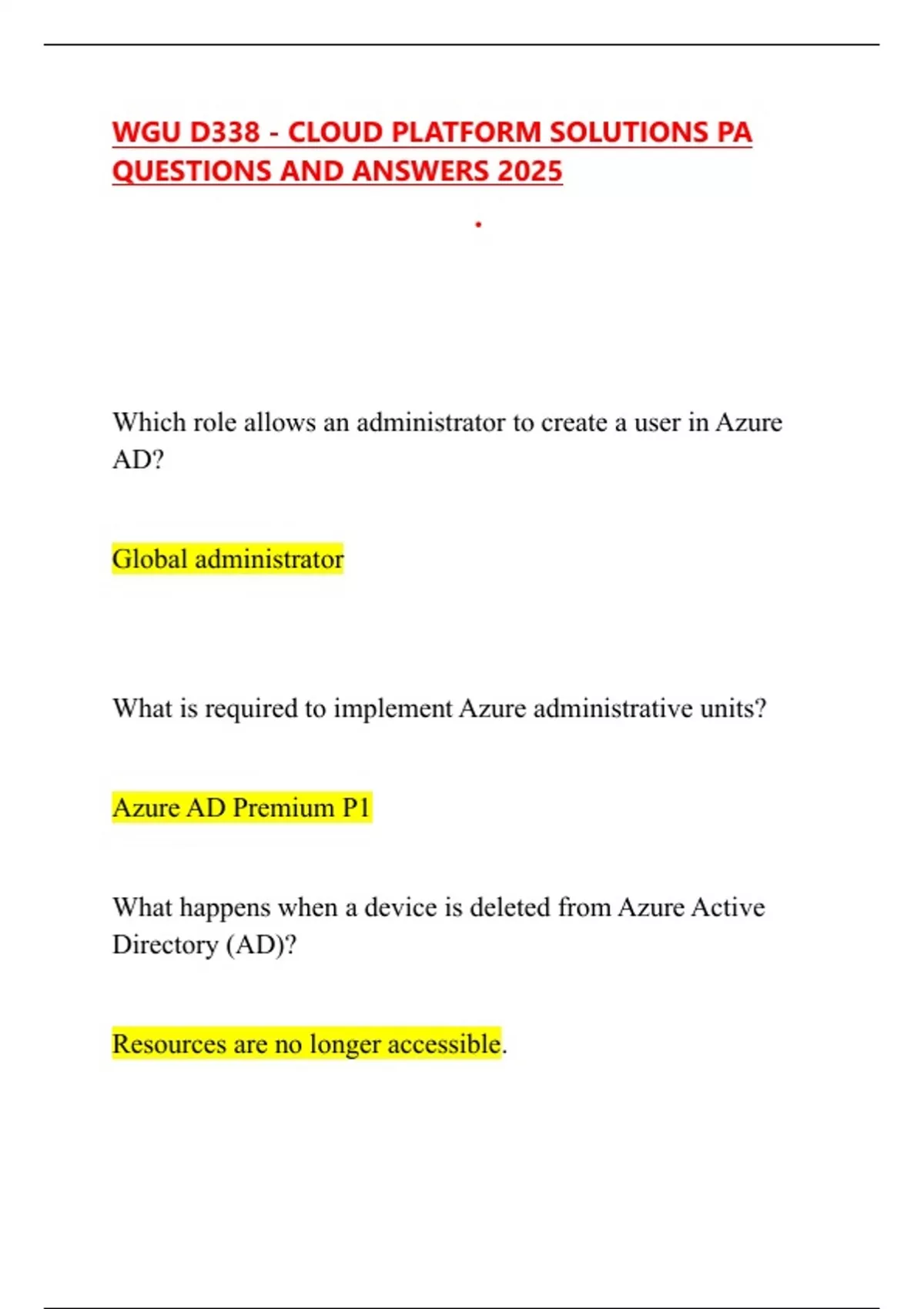 WGU D338 - CLOUD PLATFORM SOLUTIONS PA QUESTIONS AND ANSWERS 2025 ...