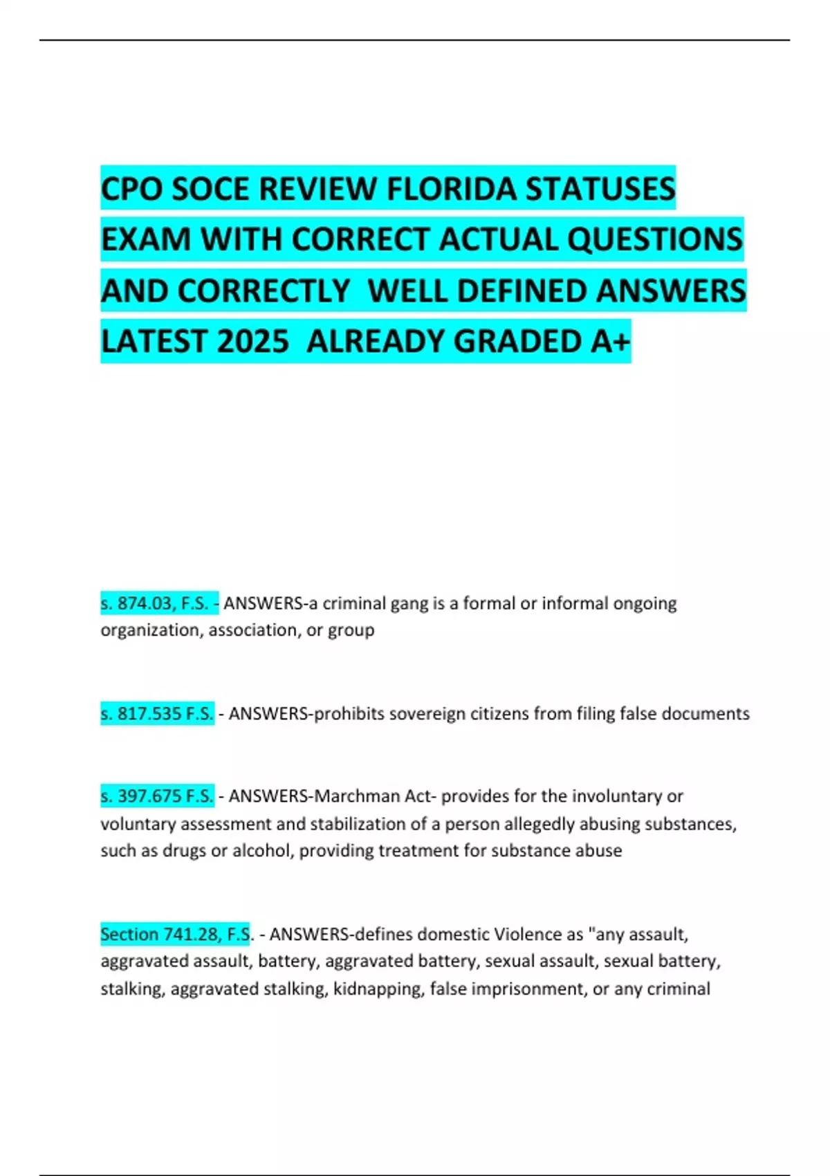 CPO SOCE REVIEW FLORIDA STATUSES EXAM WITH CORRECT ACTUAL QUESTIONS AND ...