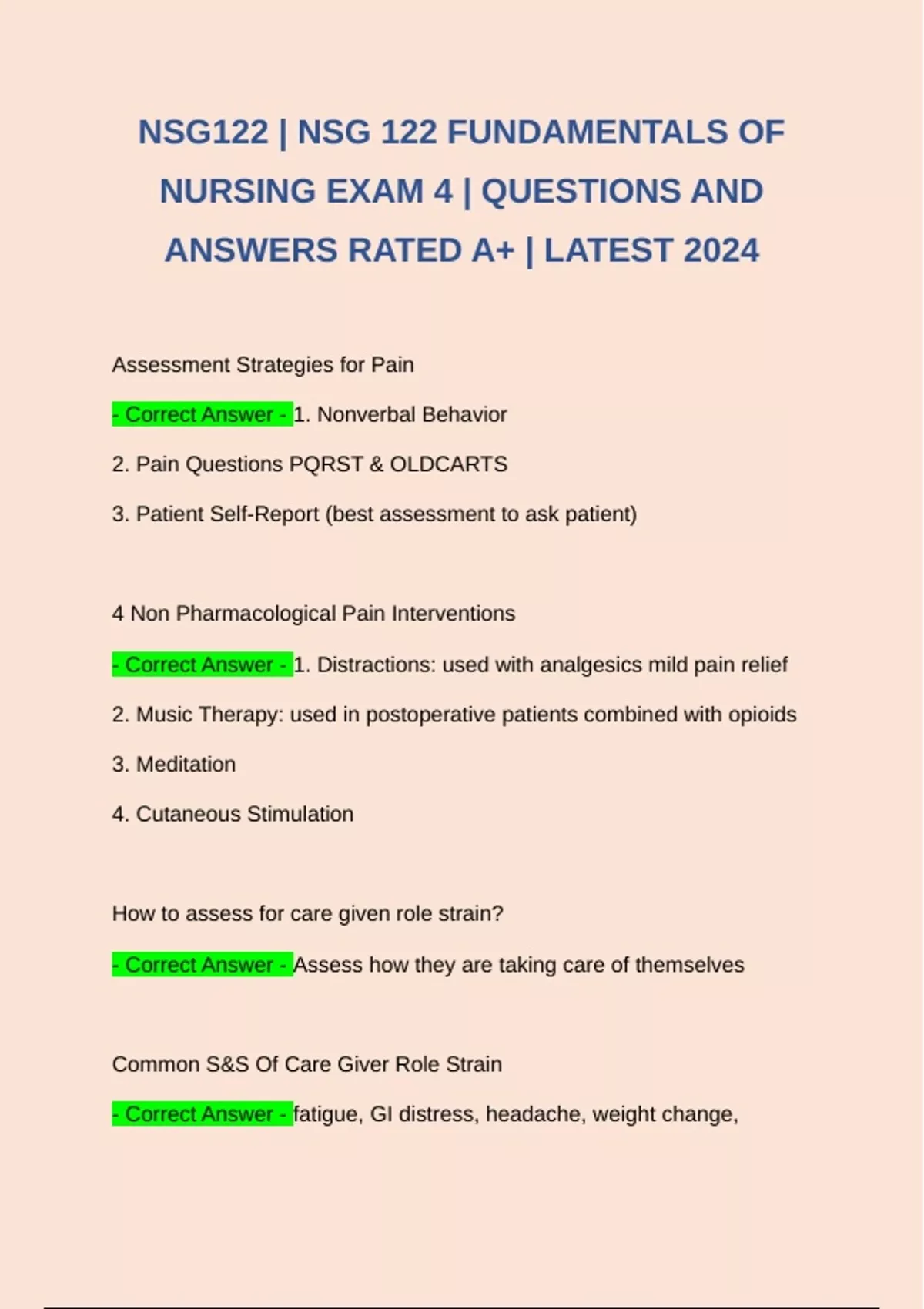 BUNDLE FOR NSG122 | NSG 122 EXAM 1| EXAM 2 | EXAM 3 & EXAM 4 | NURSING FUNDAMENTAL CONCEPTS EXAM ...