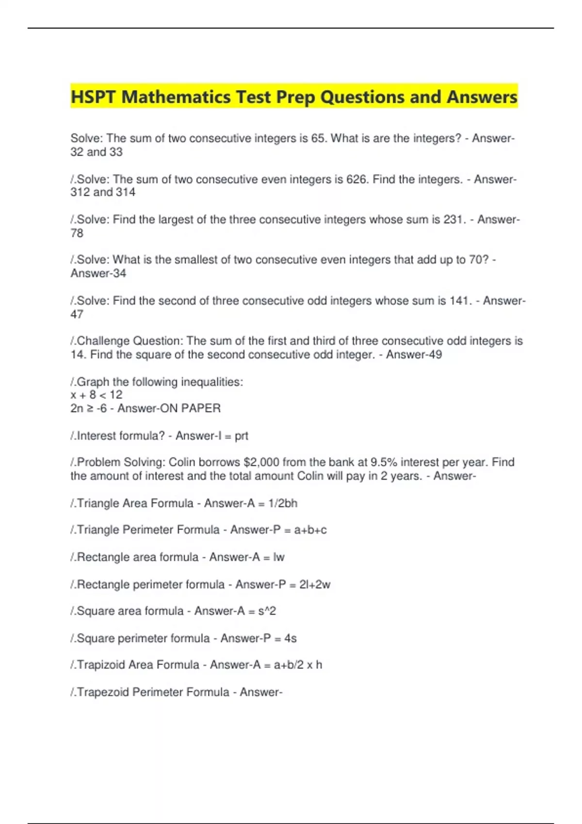 HSPT Mathematics Test Prep Questions and Answers - HSPT Mathematics ...