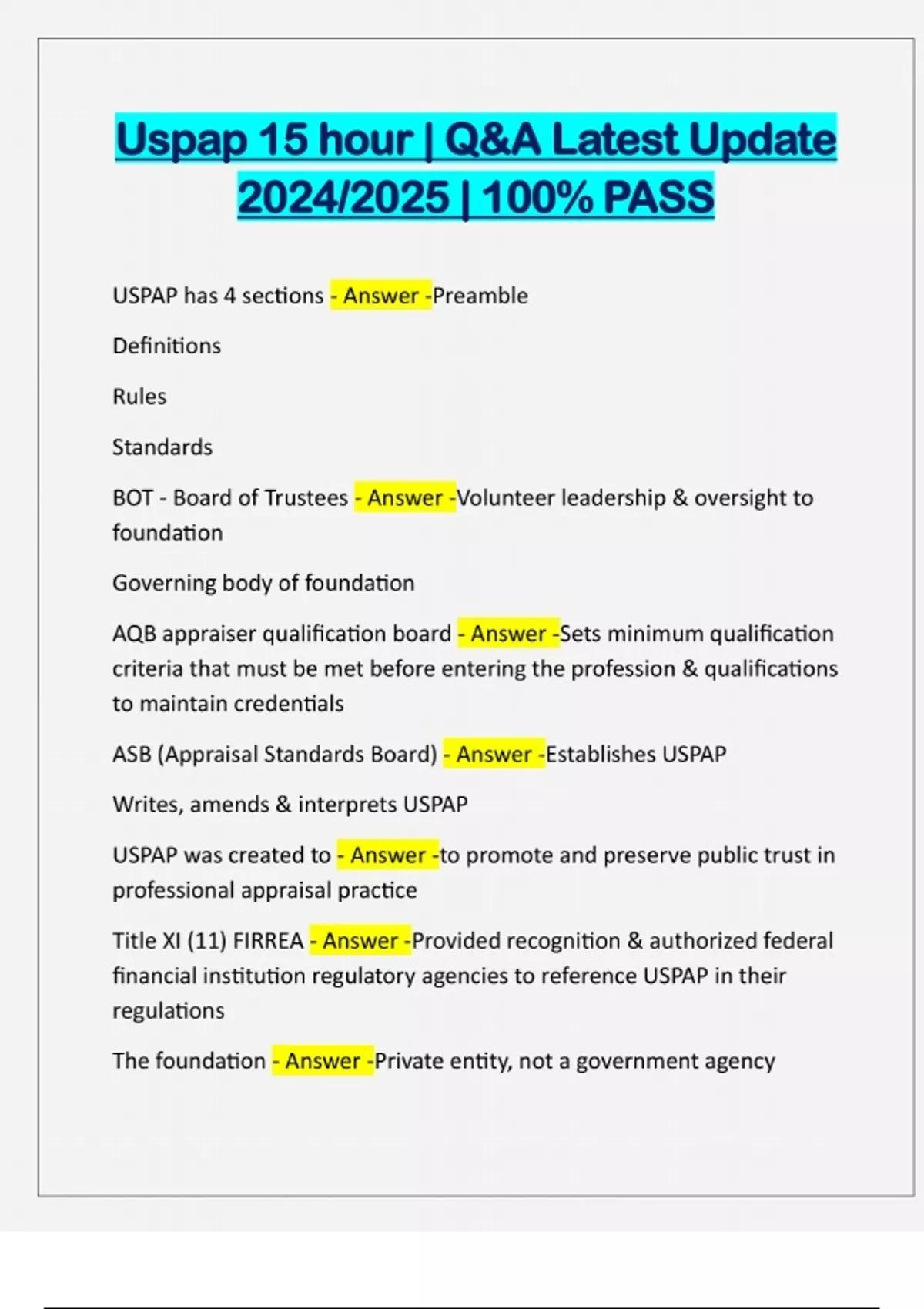 USPAP 15 HOUR ACTUAL 2025/2026 QUESTIONS AND 100% CORRECT ANSWERS ...