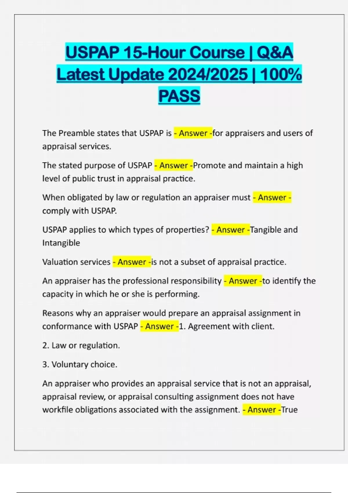 USPAP 15-HOUR COURSE ACTUAL 2025/2026 QUESTIONS AND 100% CORRECT ...