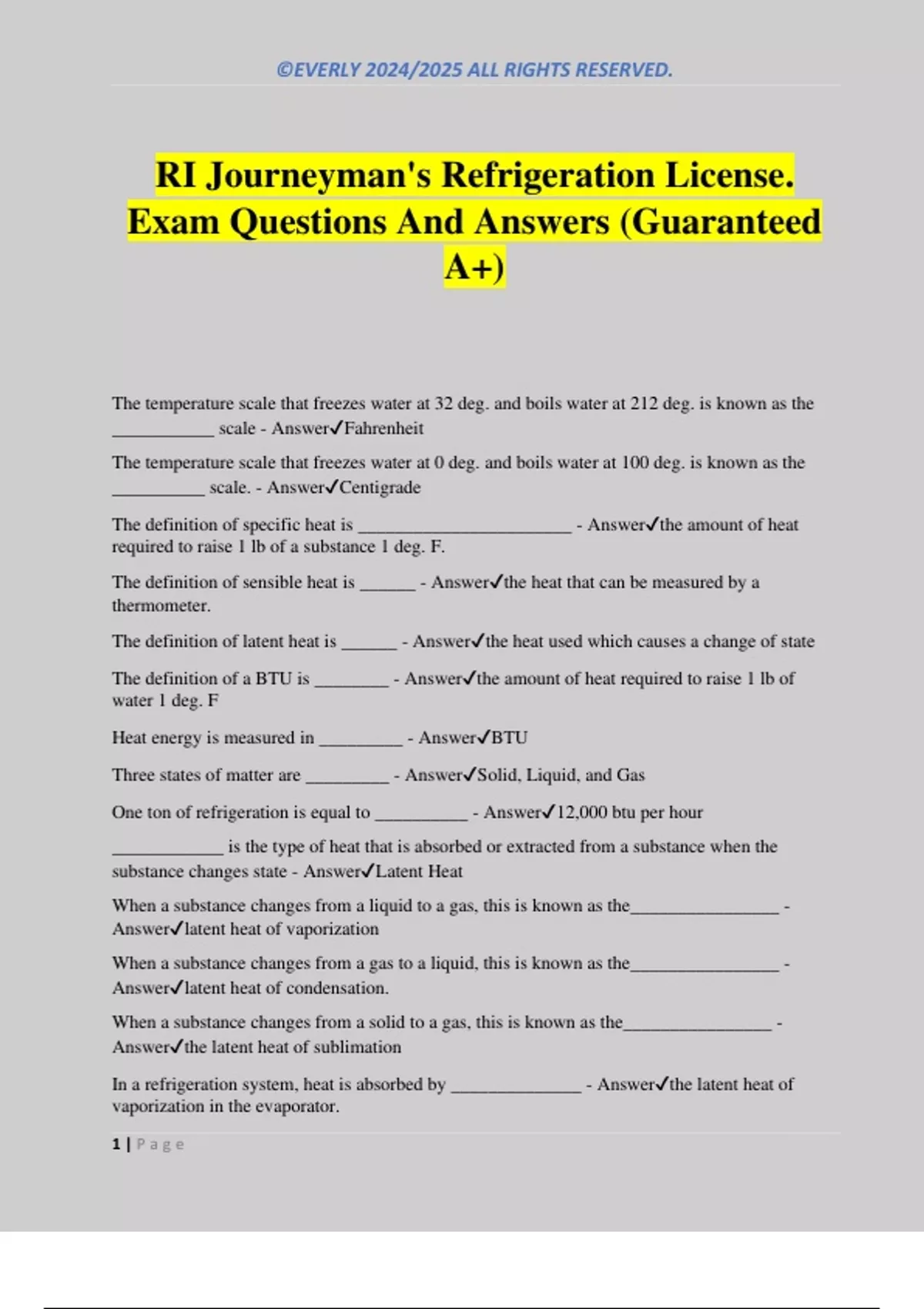 RI Journeyman's Refrigeration License. Exam Questions And Answers ...