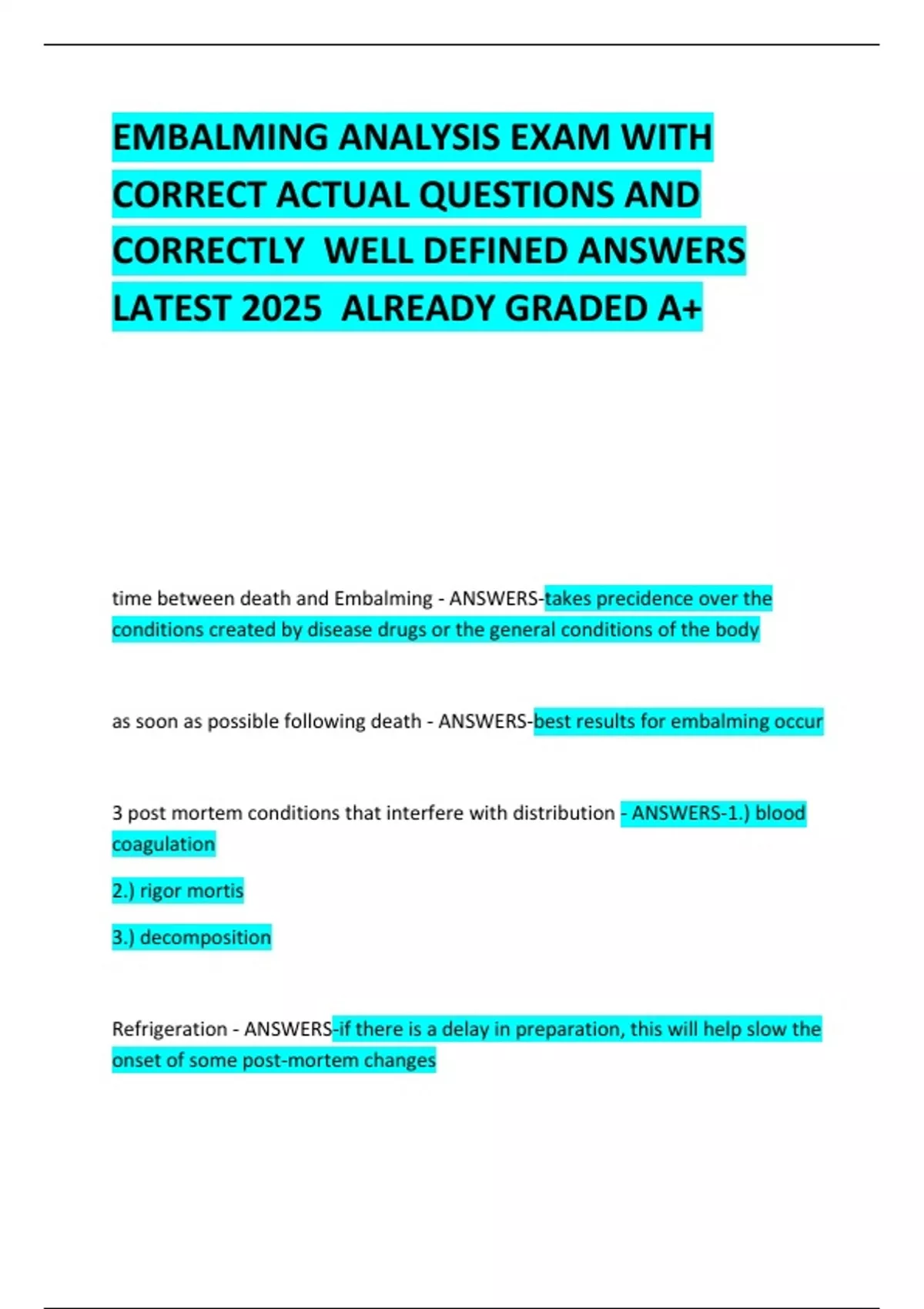 EMBALMING ANALYSIS EXAM WITH CORRECT ACTUAL QUESTIONS AND CORRECTLY ...