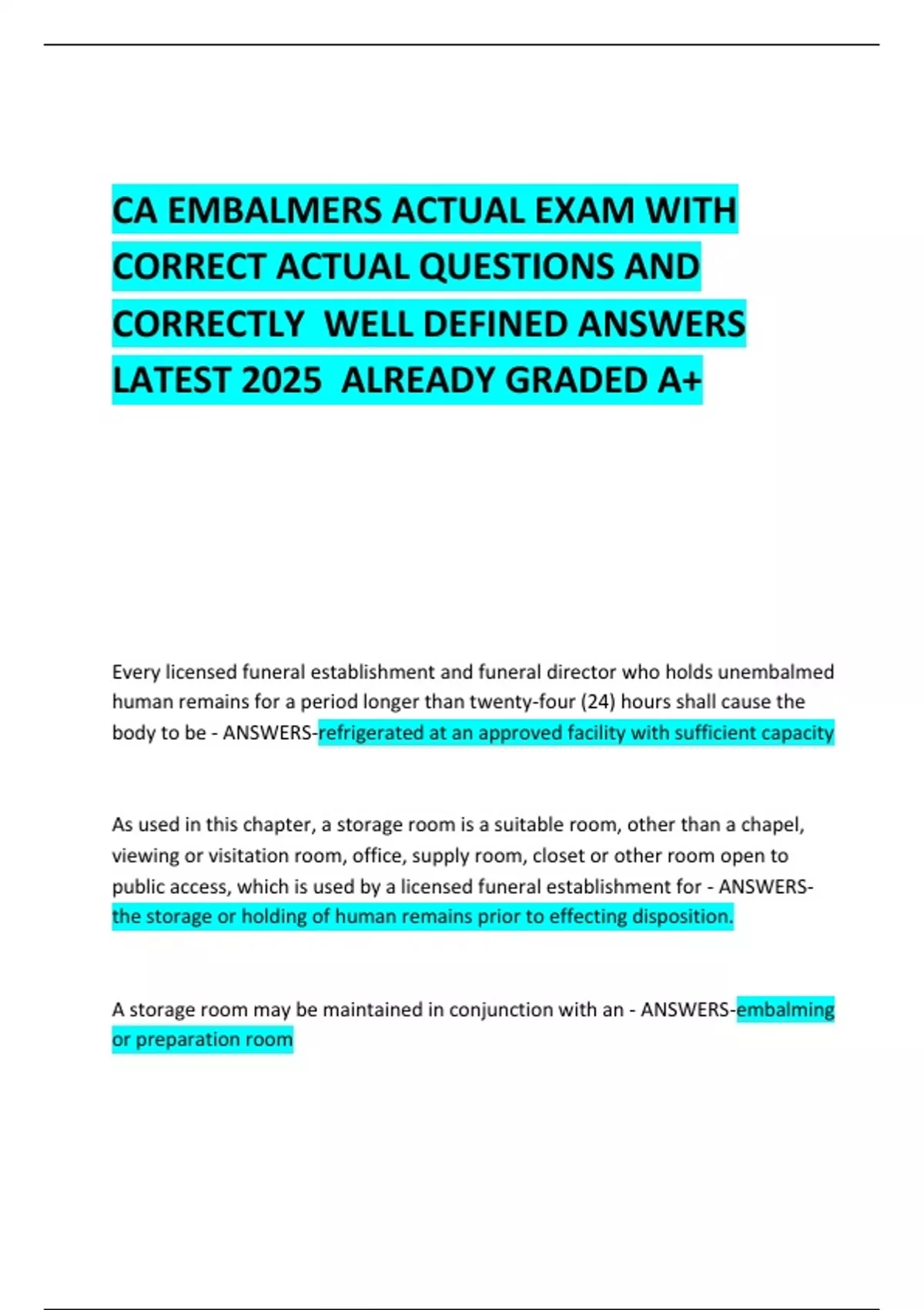 CA EMBALMERS ACTUAL EXAM WITH CORRECT ACTUAL QUESTIONS AND CORRECTLY ...