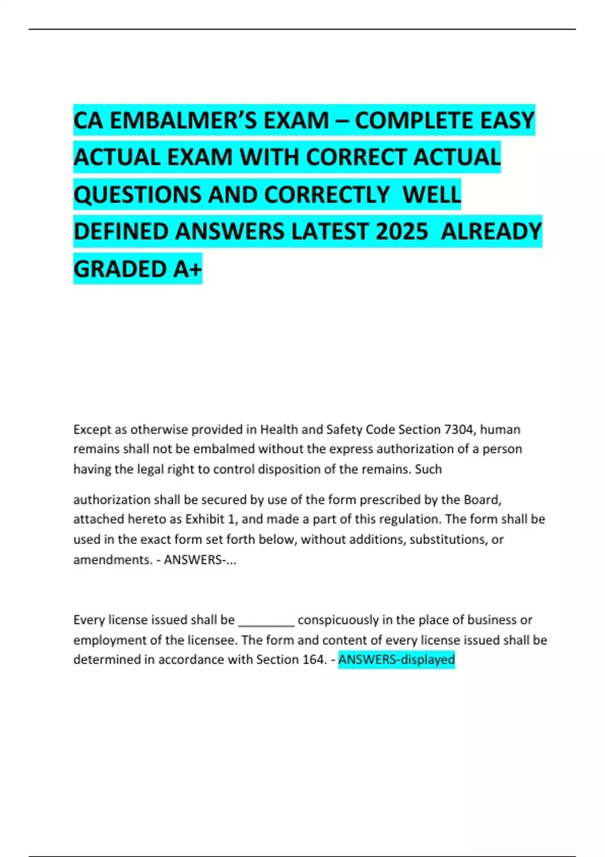 CA EMBALMER’S EXAM – COMPLETE EASY ACTUAL EXAM WITH CORRECT ACTUAL ...
