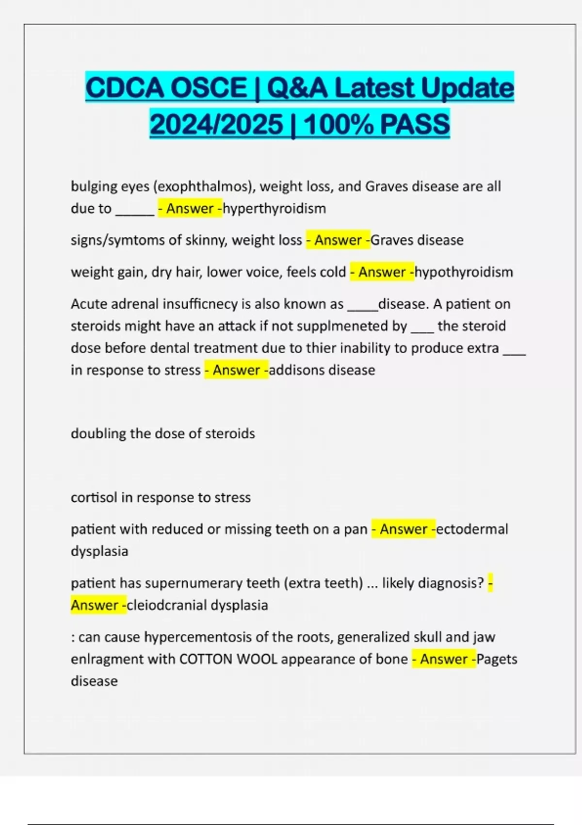 CDCA OSCE | Q&A Latest Update 2024/2025 | 100% PASS - DSE OSCE - Stuvia US