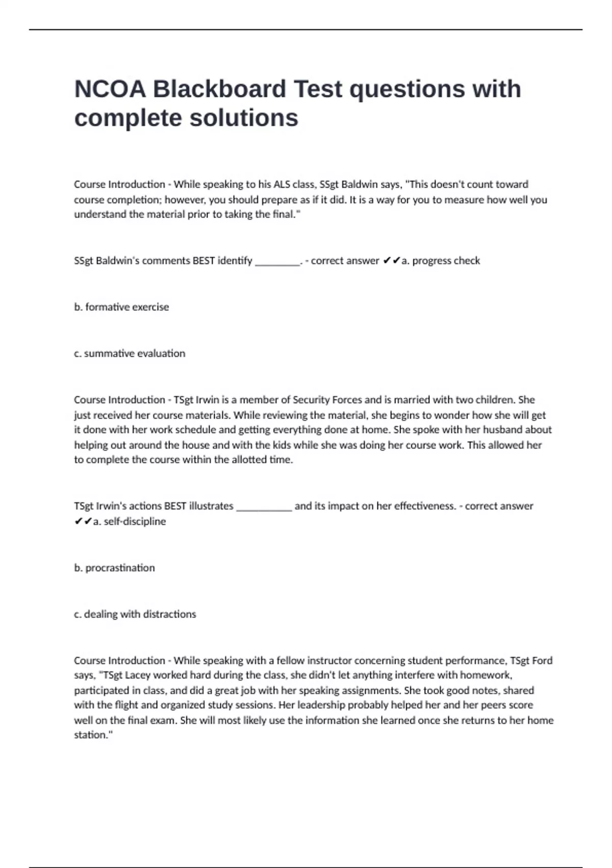 NCOA Blackboard Test questions with complete solutions - NCOA - Stuvia US
