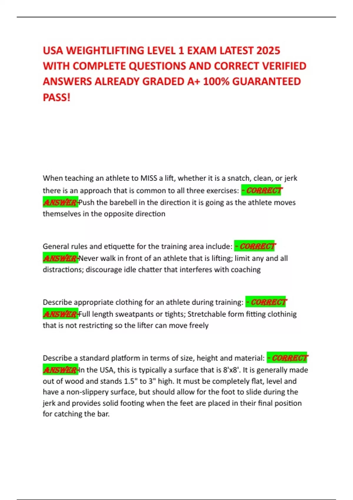 USA WEIGHTLIFTING LEVEL 1 EXAM LATEST 2025 WITH COMPLETE QUESTIONS AND ...