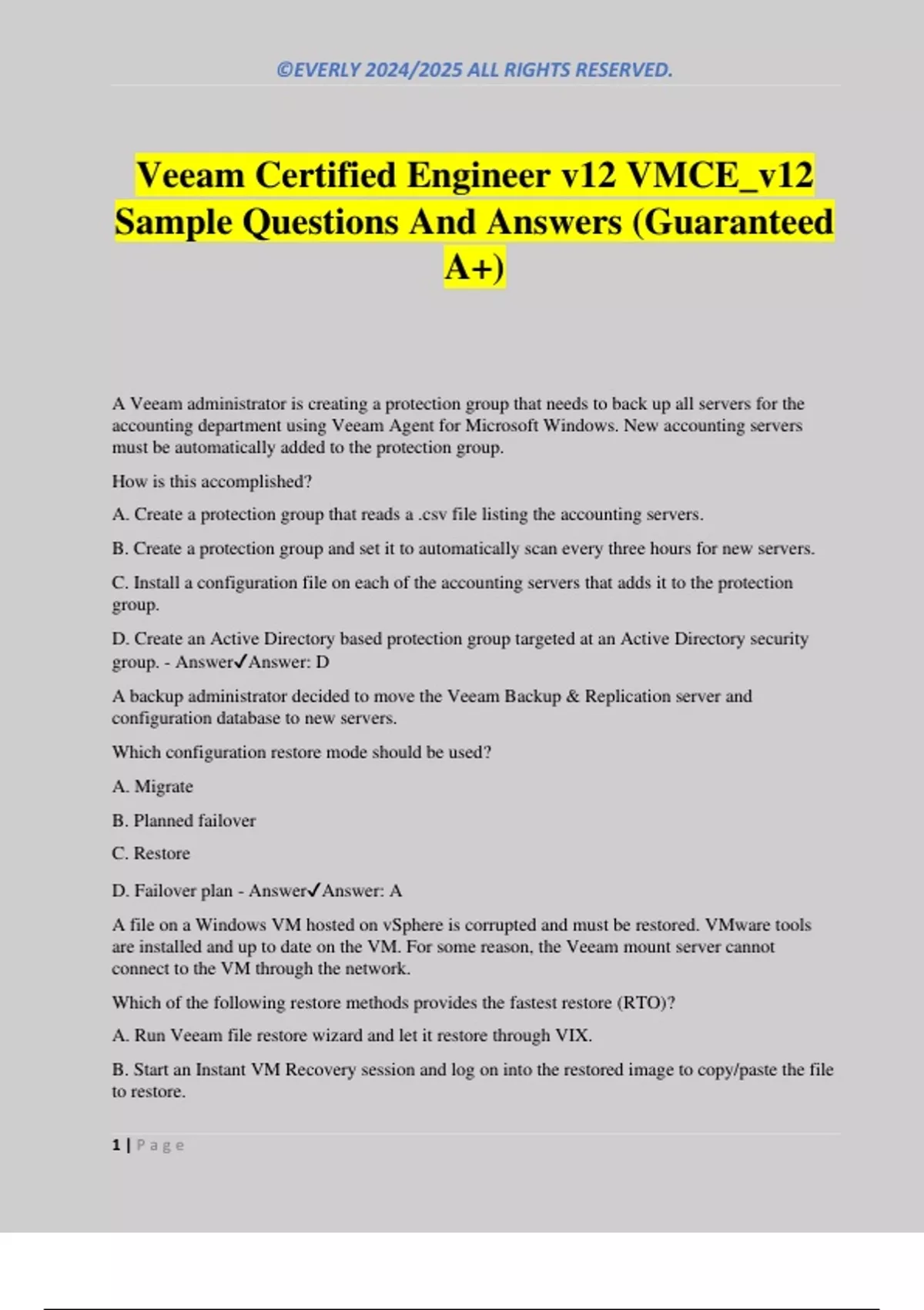 Veeam Certified Engineer v12 VMCE_v12 Sample Questions And Answers (Guaranteed A+) - Veeam ...
