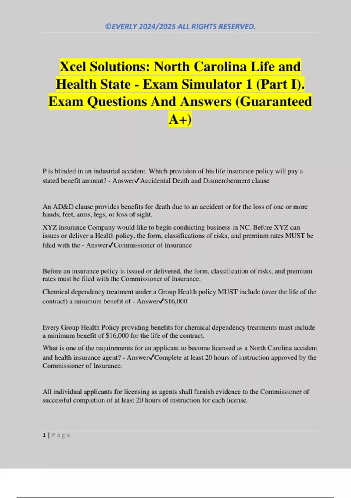 Xcel Solutions: North Carolina Life and Health State - Exam Simulator 1 ...
