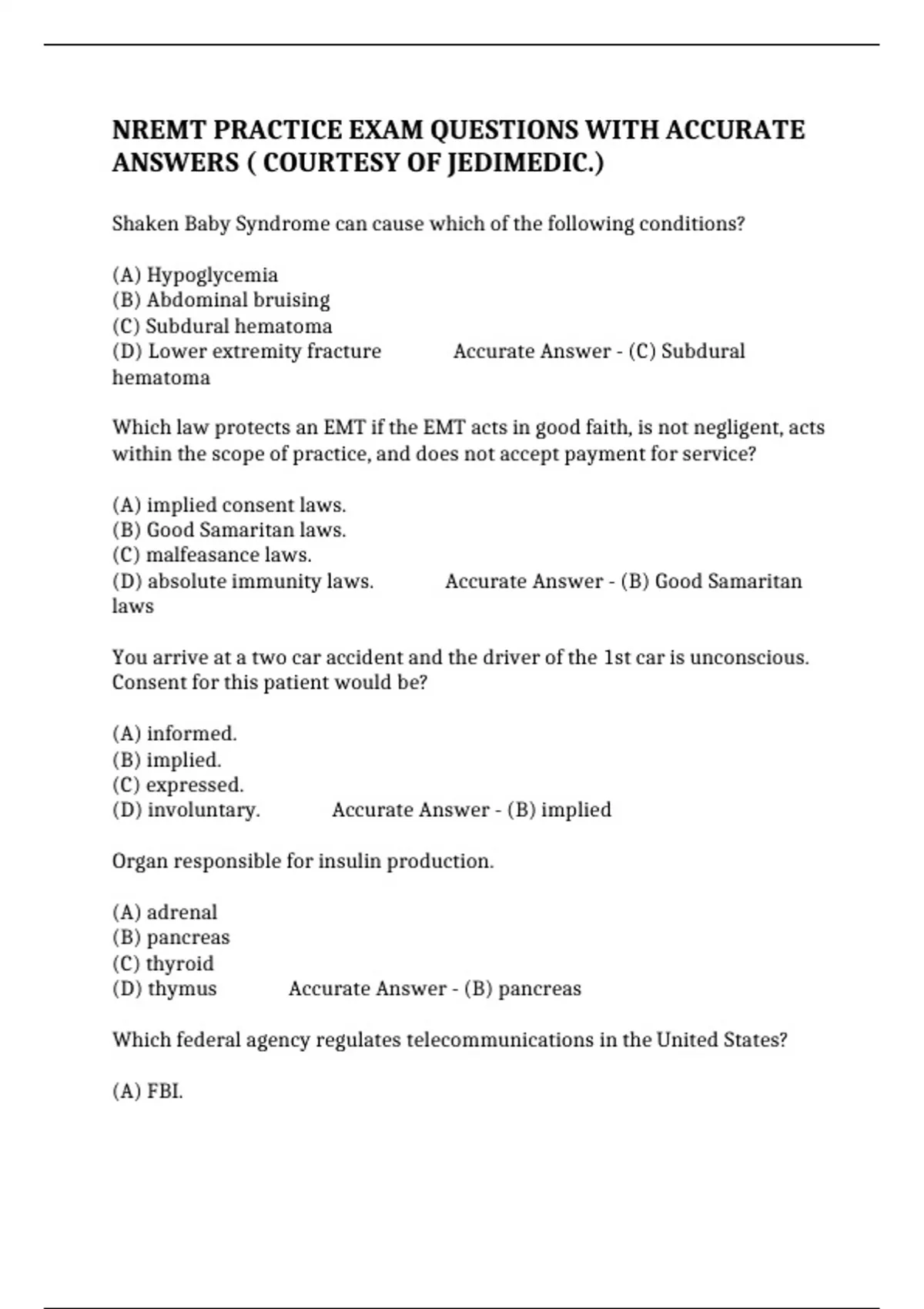 NREMT PRACTICE EXAM QUESTIONS WITH ACCURATE ANSWERS ( COURTESY OF ...