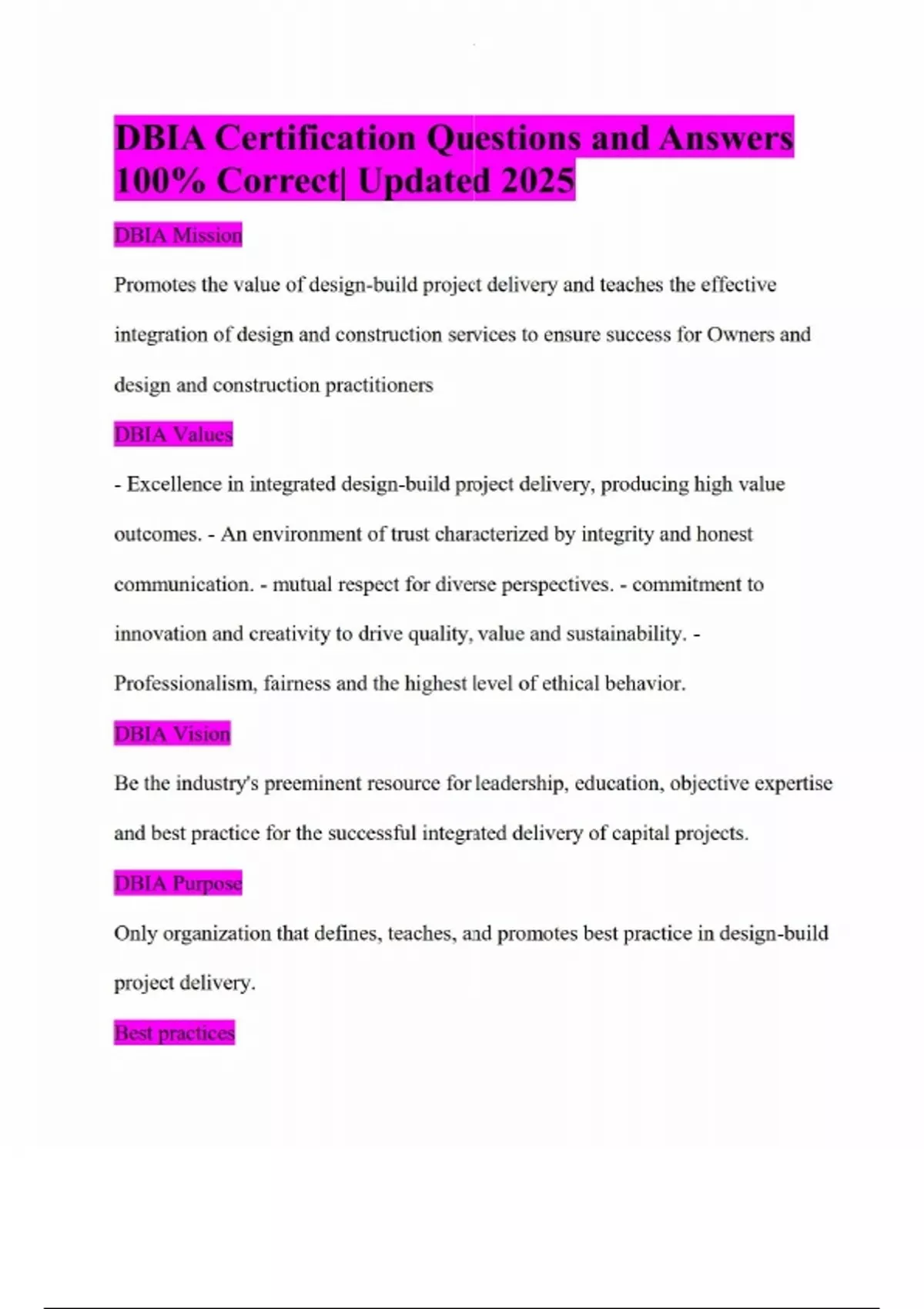 DBIA Certification Questions and Answers 100% Correct| Updated 2025 - DBIA - Stuvia US