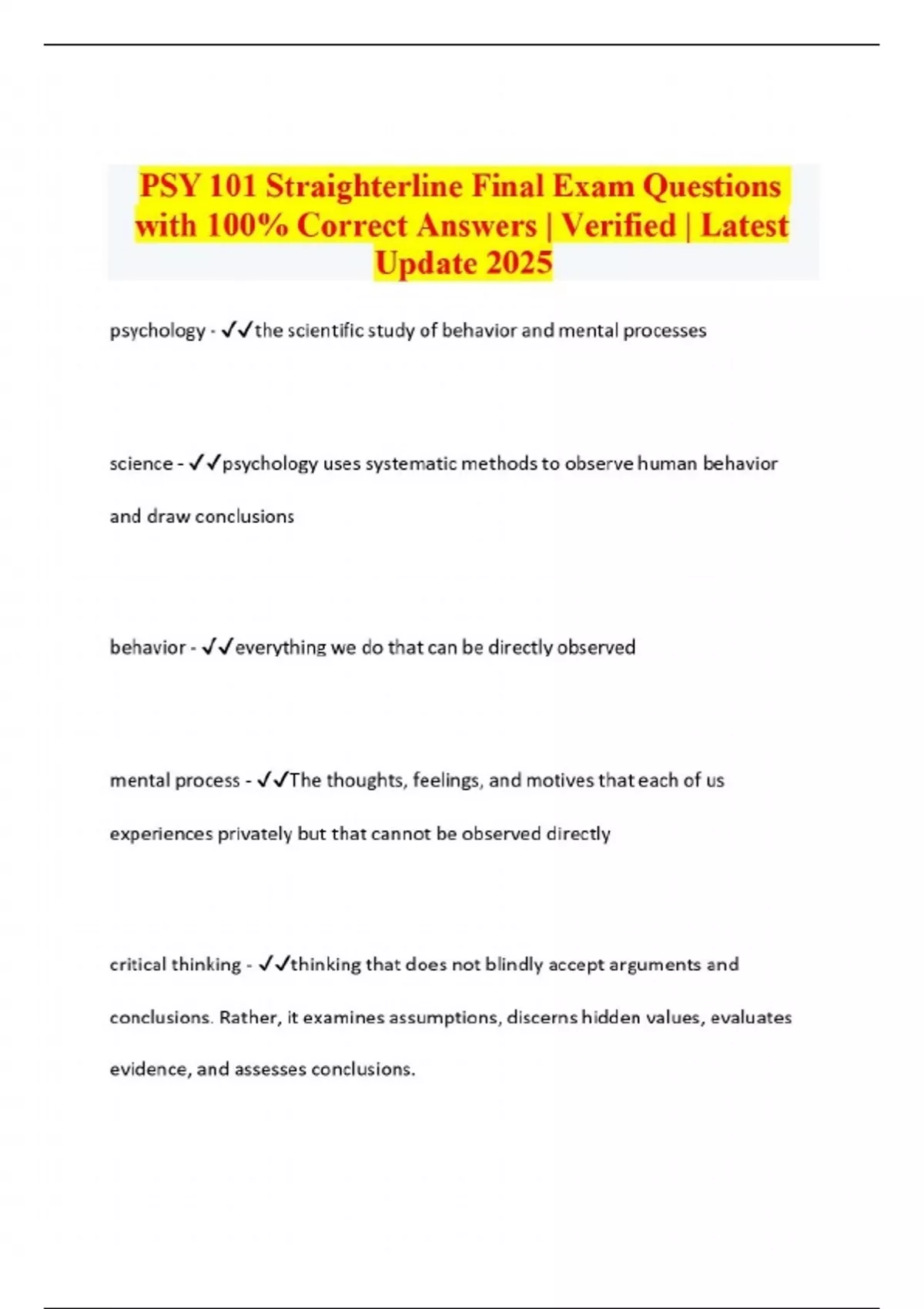 PSY 101 Straighterline Final Exam Questions with 100% Correct Answers ...