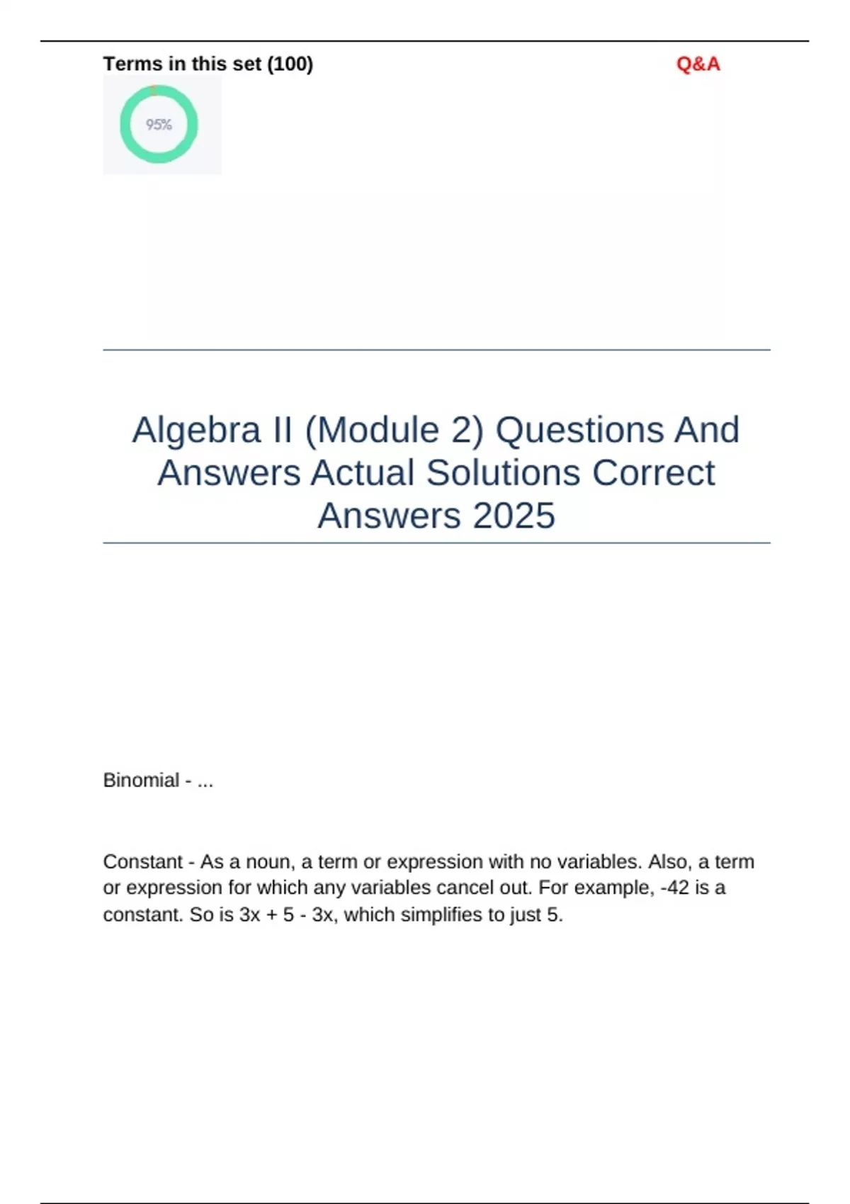 Algebra II (Module 2) Questions And Answers Actual Solutions Correct ...