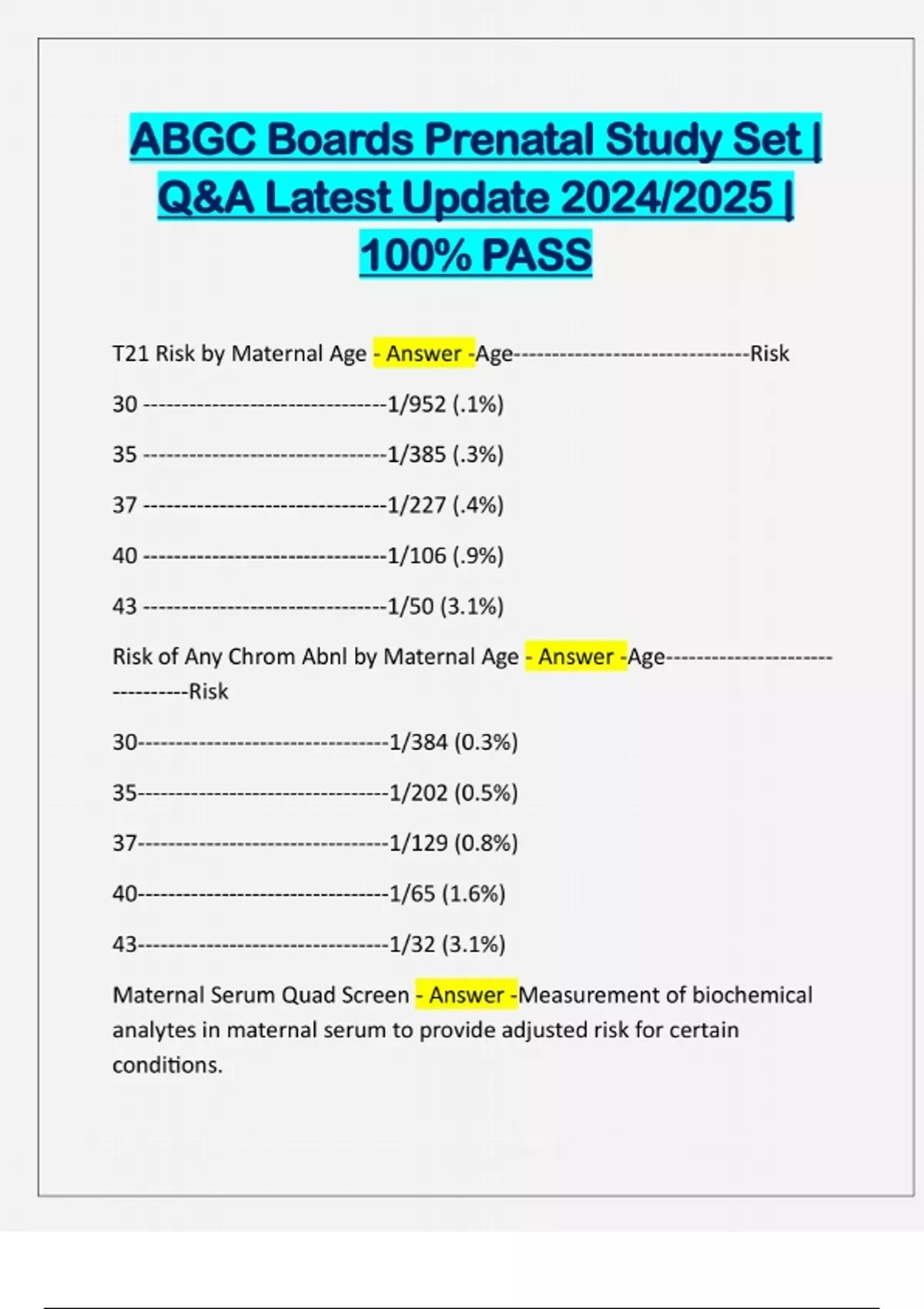 ABGC Boards Prenatal Study Set | Q&A Latest Update 2024/2025 | 100% ...