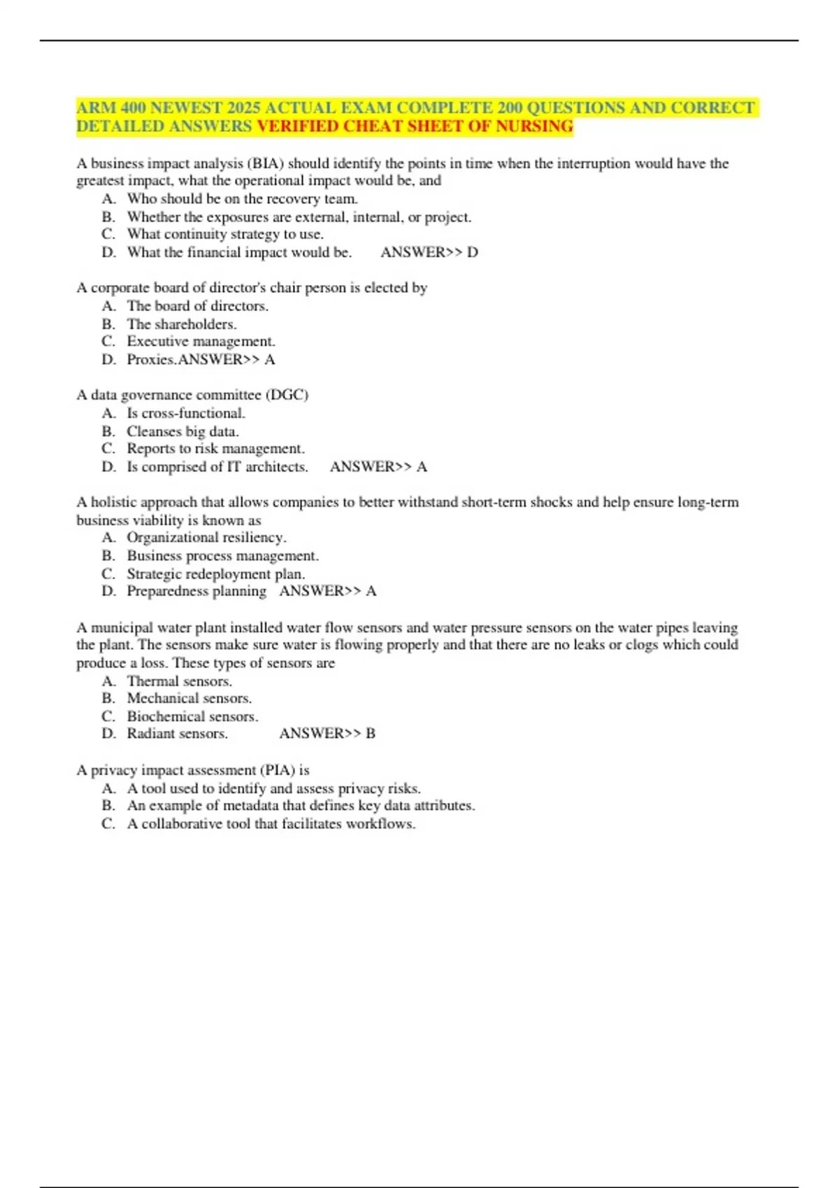 ARM 400 NEWEST 2025 ACTUAL EXAM COMPLETE 200 QUESTIONS AND CORRECT ...