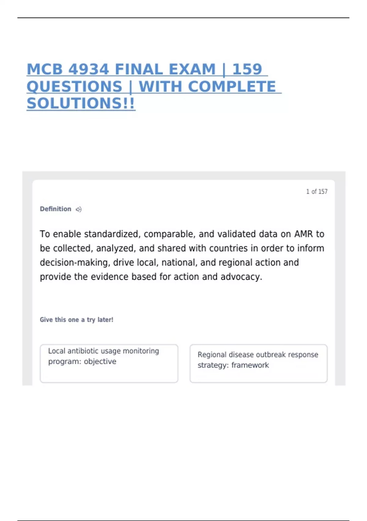 MCB 4934 FINAL EXAM | 159 QUESTIONS | WITH COMPLETE SOLUTIONS!! - MCB 4934 - Stuvia US