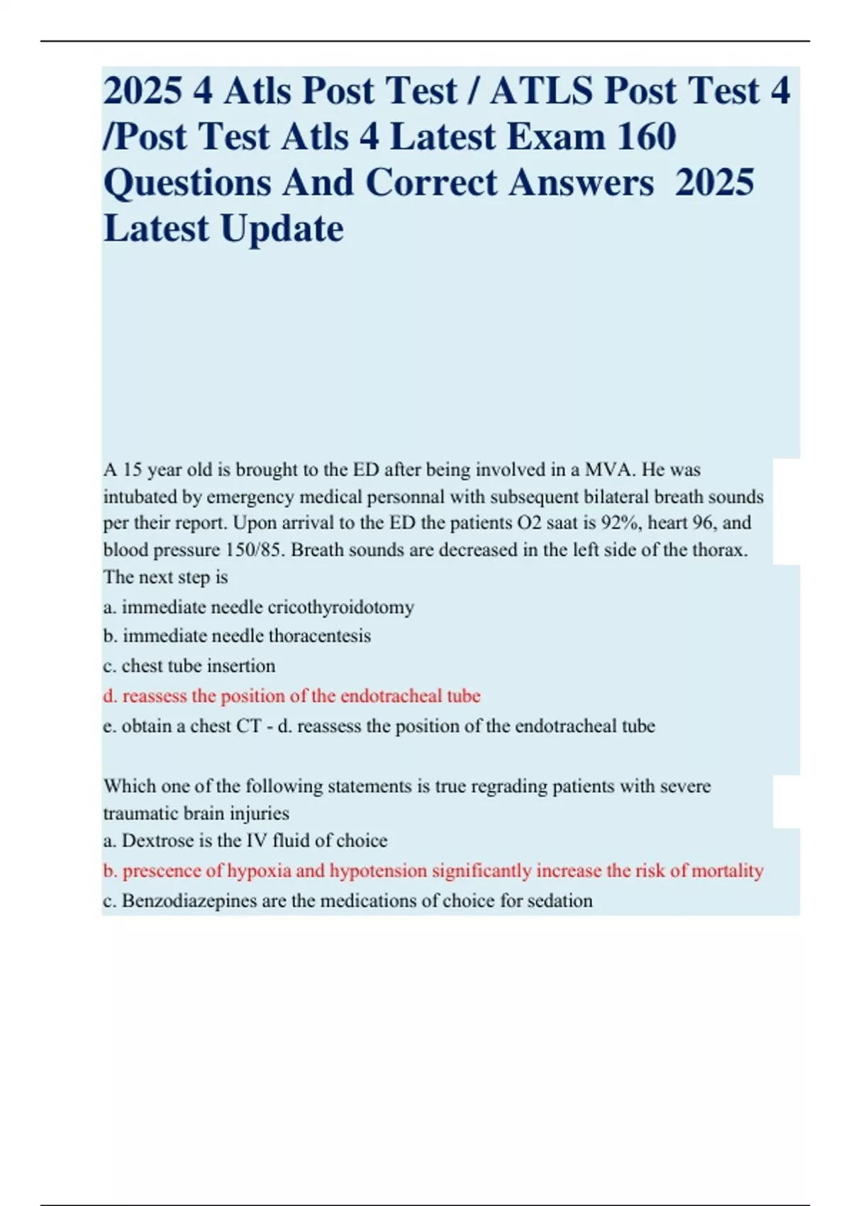 2025 4 Atls Post Test / ATLS Post Test 4 /Post Test Atls 4 Latest Exam ...