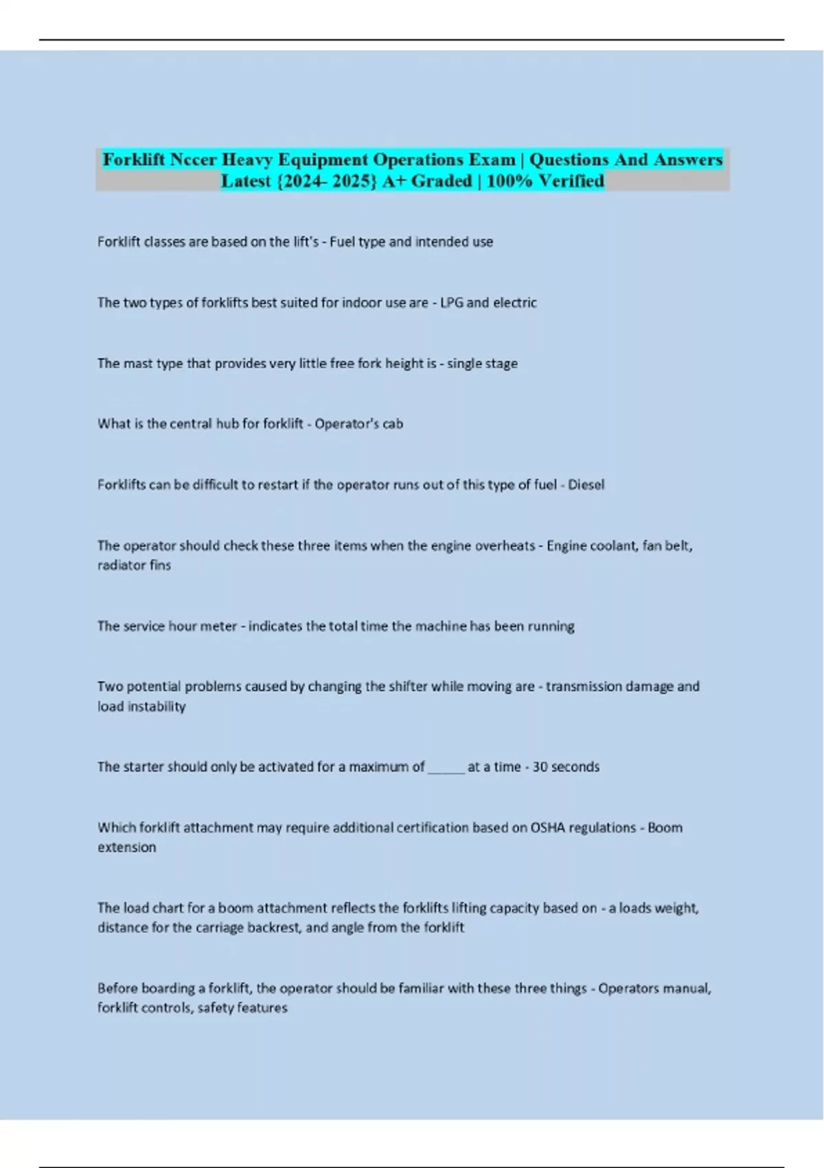 Forklift Nccer Heavy Equipment Operations Exam | Questions And Answers - Forklift - Stuvia US