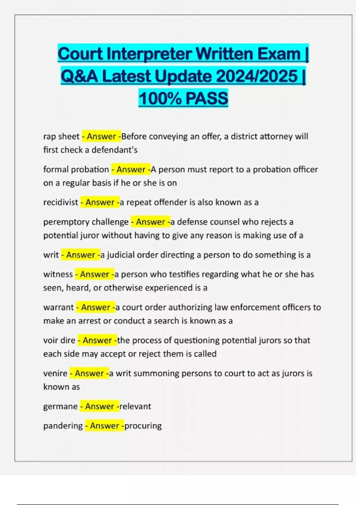 Court Interpreter Written Exam | Q&A Latest Update 2024/2025 | 100% ...