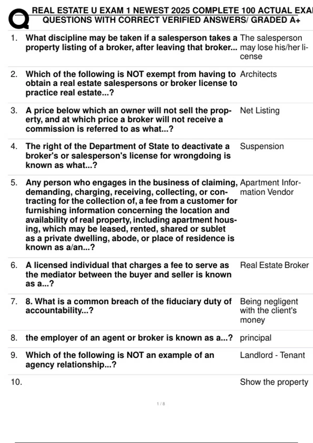 REAL ESTATE U EXAM 1 NEWEST 2025 COMPLETE 100 ACTUAL EXAM QUESTIONS ...
