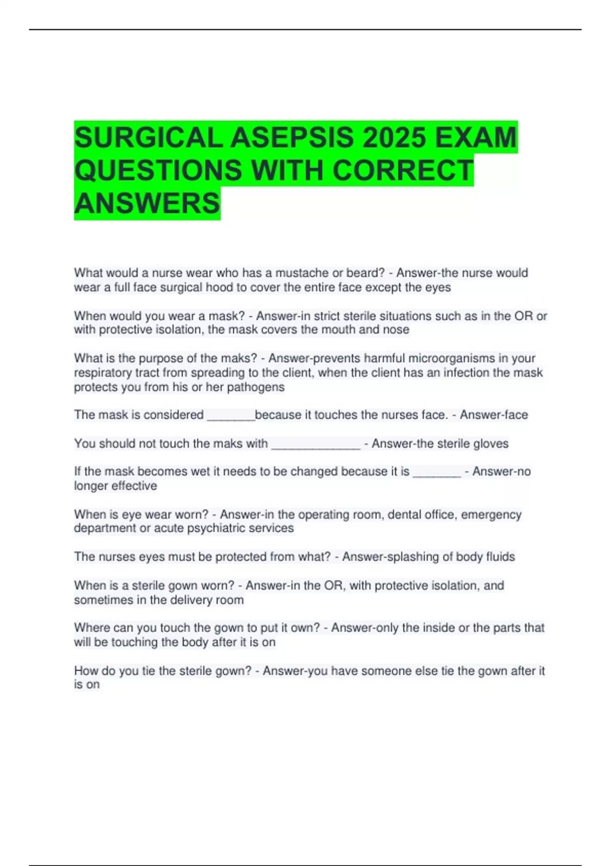 SURGICAL ASEPSIS 2025 EXAM QUESTIONS WITH CORRECT ANSWERS - SURGICAL ...