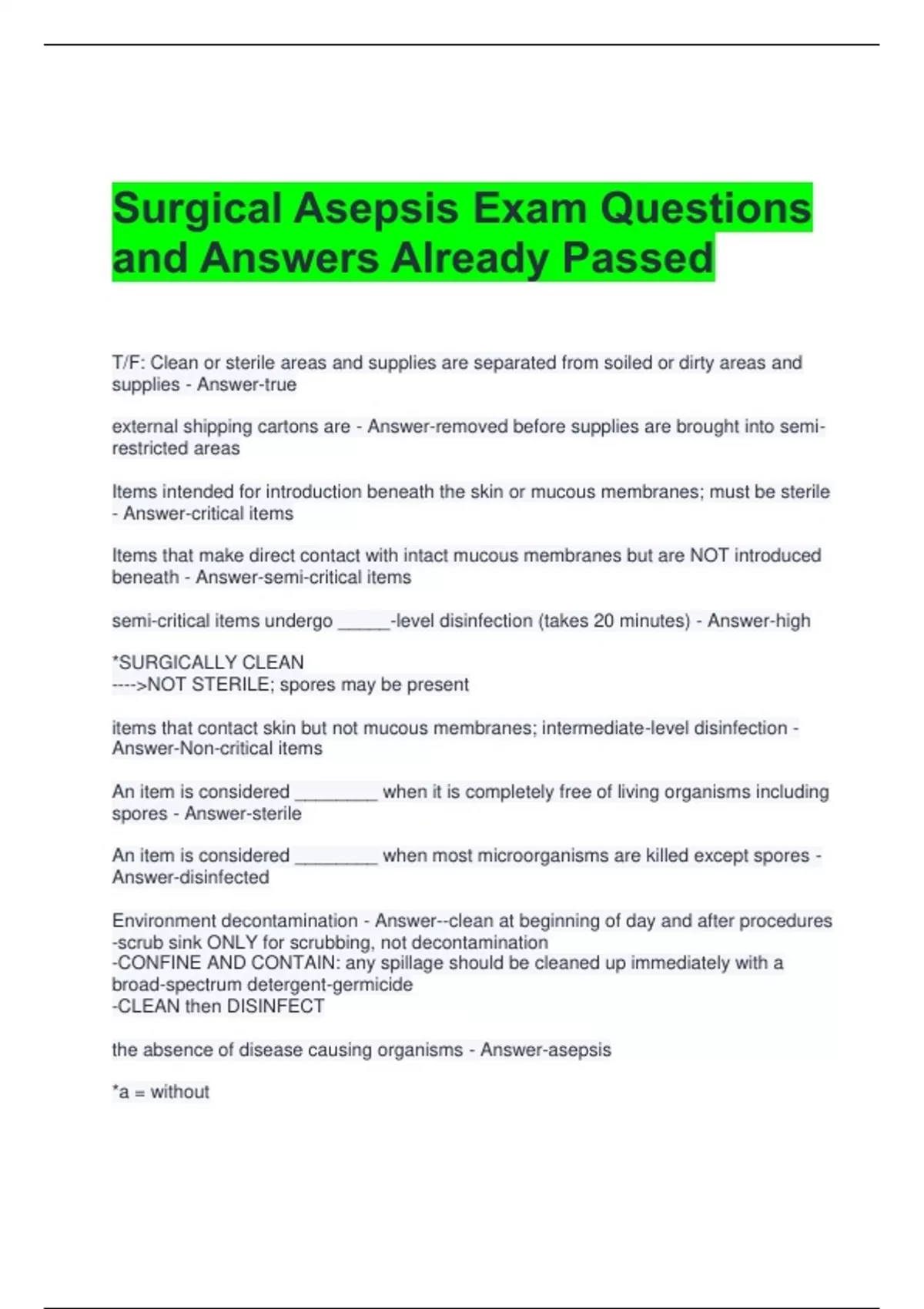 Surgical Asepsis Exam Questions and Answers Already Passed - Surgical ...
