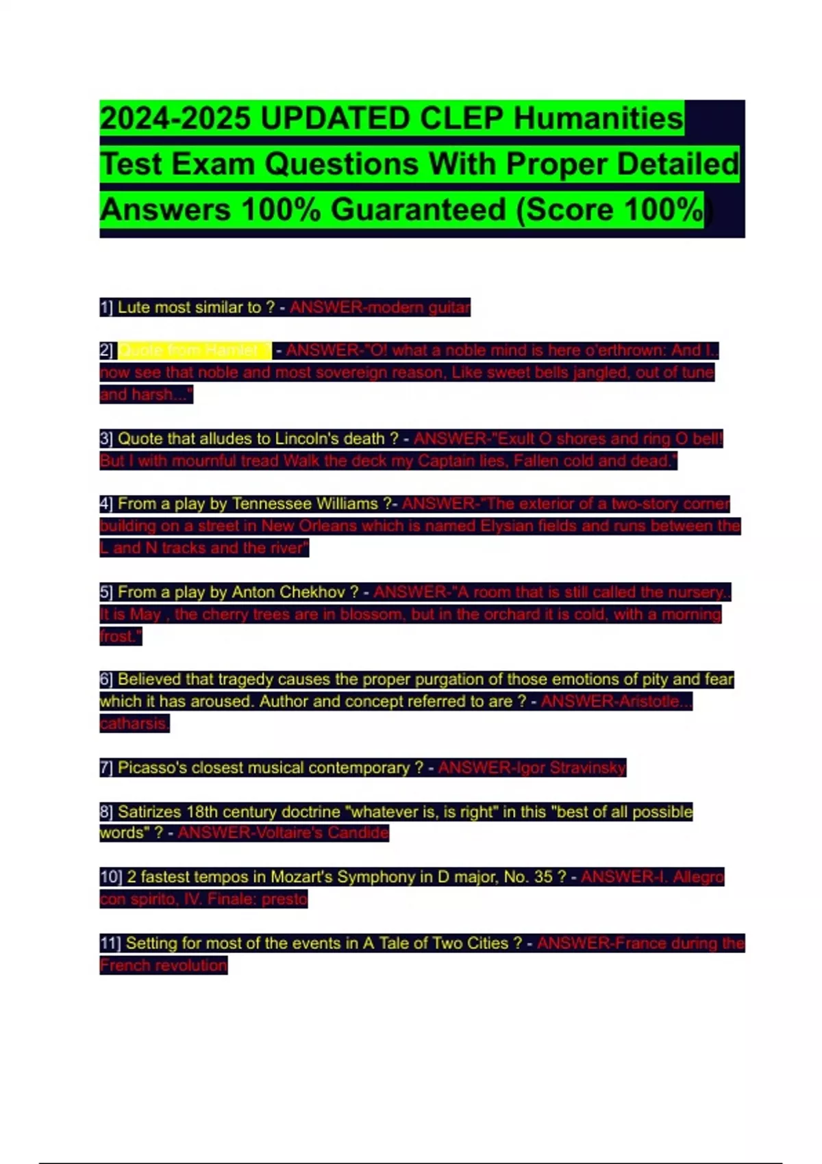 UPDATED CLEP Humanities Test Exam Questions With Proper Detailed ...