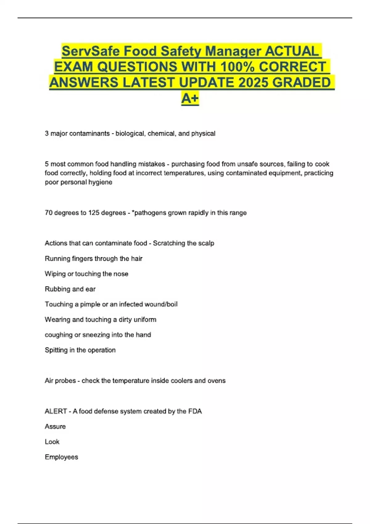 ServSafe Food Safety Manager ACTUAL EXAM QUESTIONS WITH 100% CORRECT ...