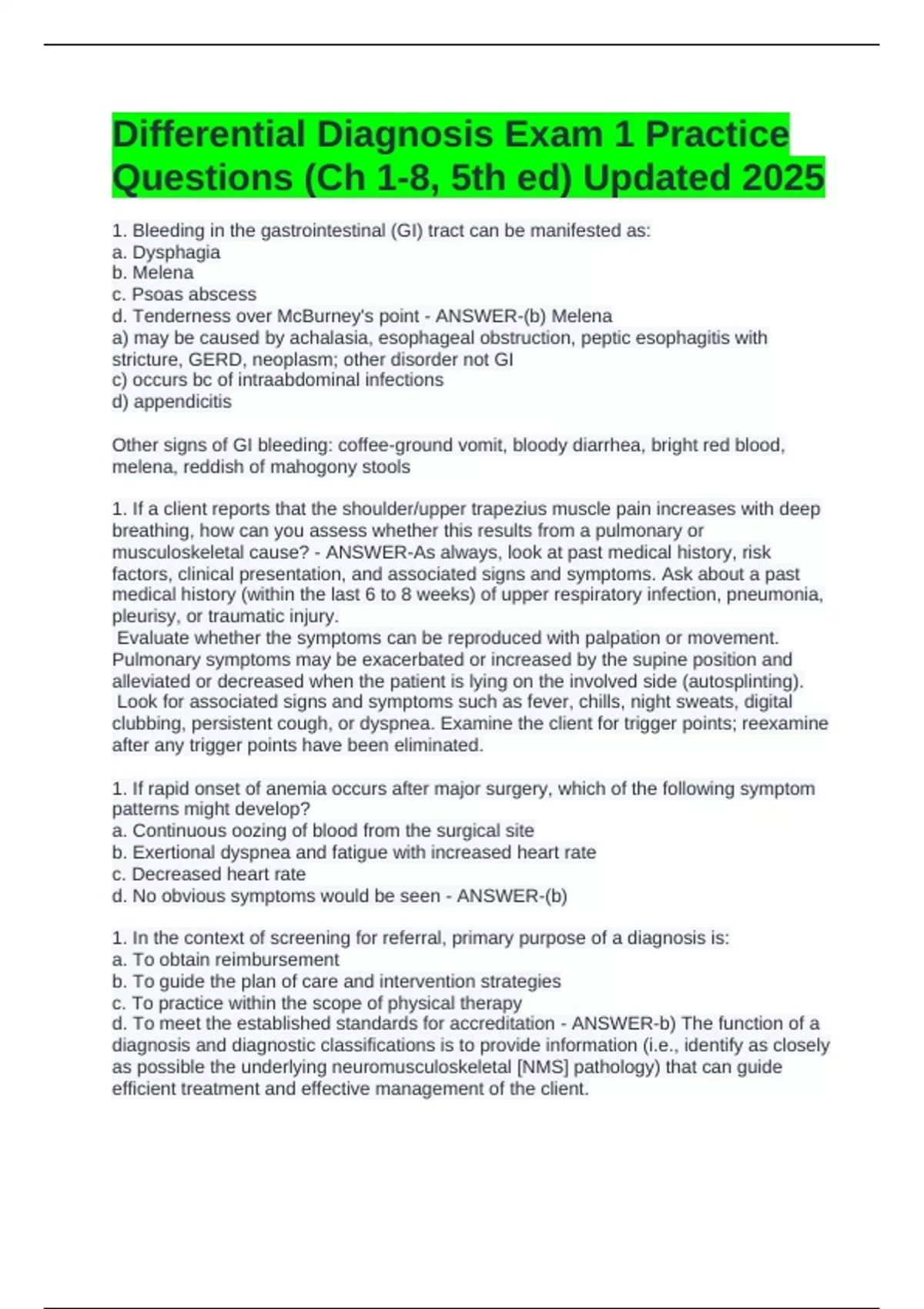 Differential Diagnosis Exam 1 Practice Questions (Ch 1-8, 5th ed ...